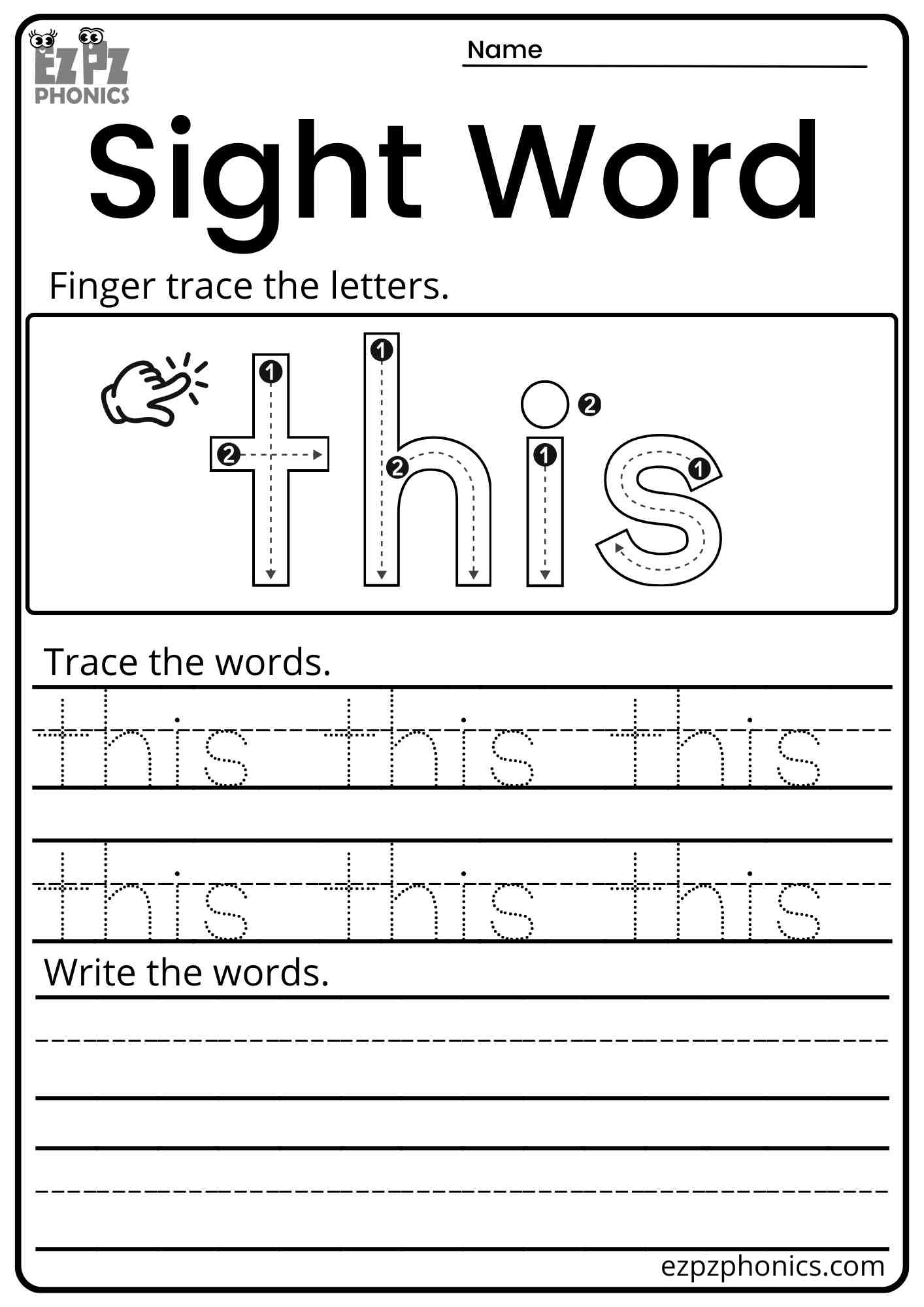 "This" Dolch Kindergarten Sight Word Worksheet Trace and Write the ...