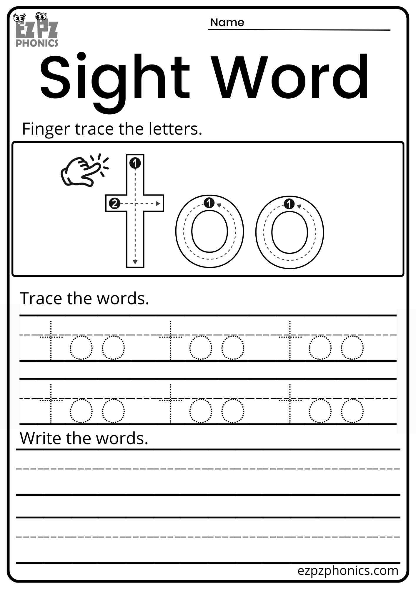 "Too" Dolch Kindergarten Sight Word Worksheet Trace and Write the Words ...