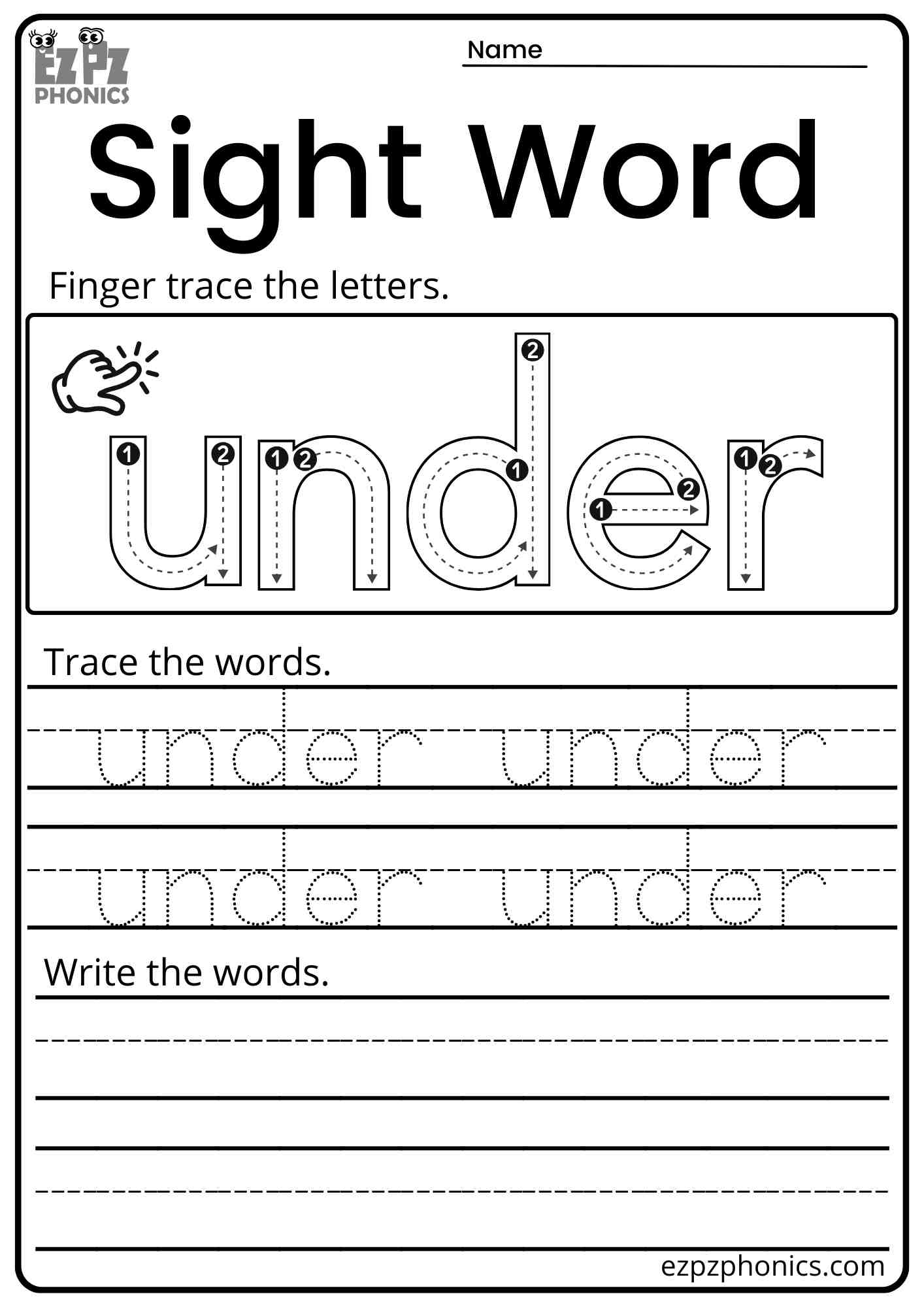 "Under" Dolch Kindergarten Sight Word Worksheet Trace and Write the ...