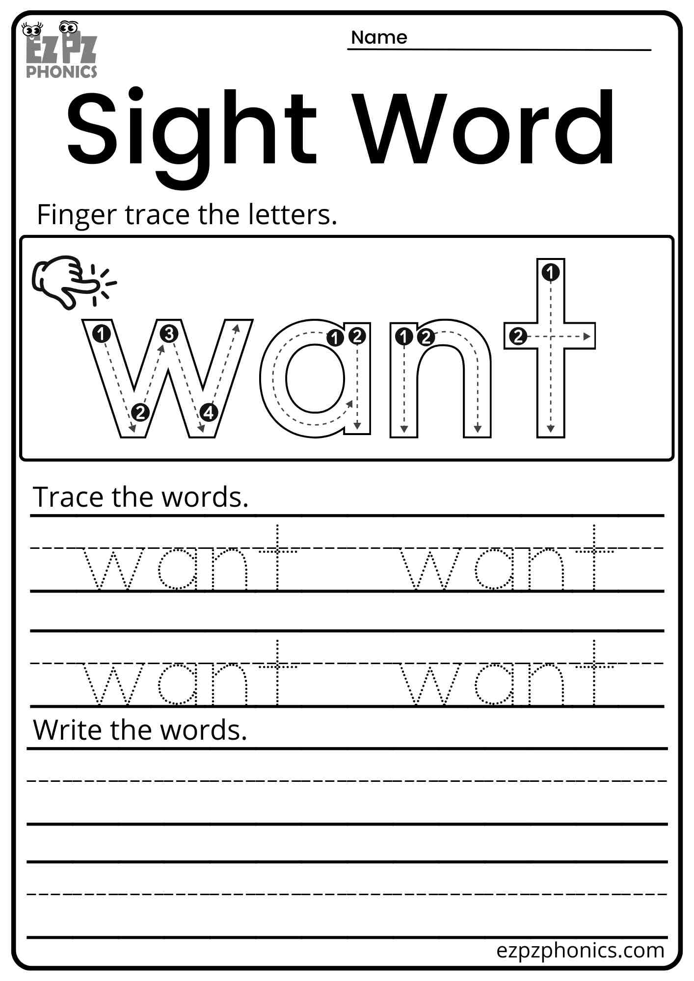 "Want" Dolch Kindergarten Sight Word Worksheet Trace and Write the ...