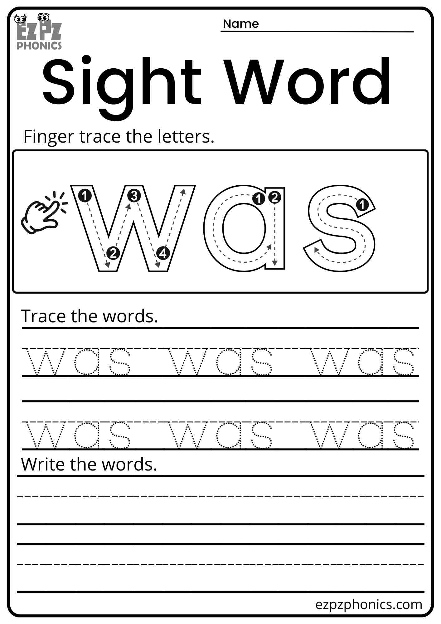 "Was" Dolch Kindergarten Sight Word Worksheet Trace and Write the Words ...