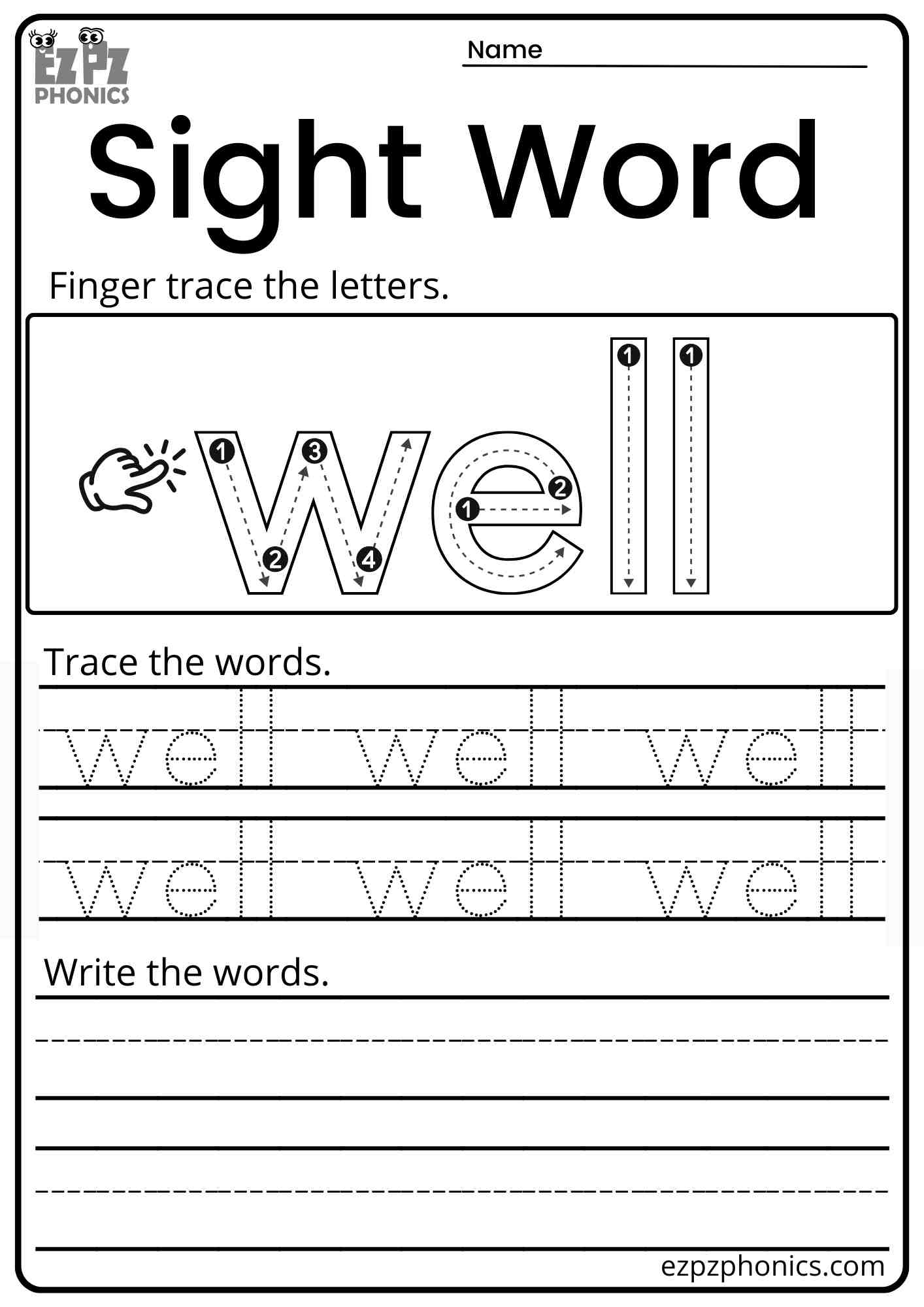 "Well" Dolch Kindergarten Sight Word Worksheet Trace and Write the ...