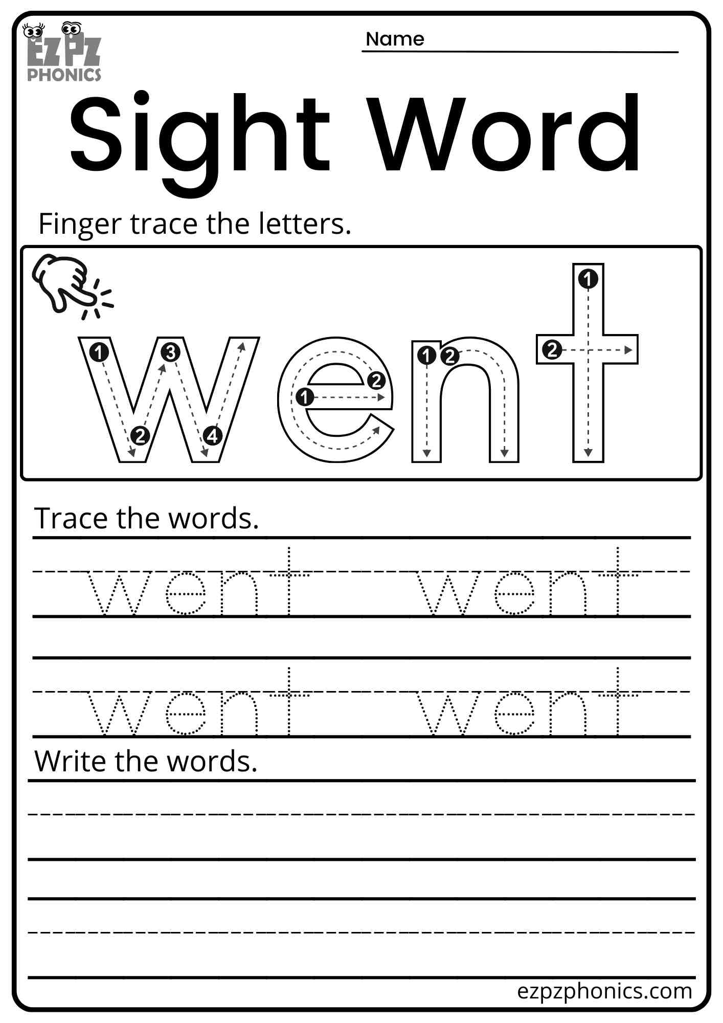 "Went" Dolch Kindergarten Sight Word Worksheet Trace and Write the ...