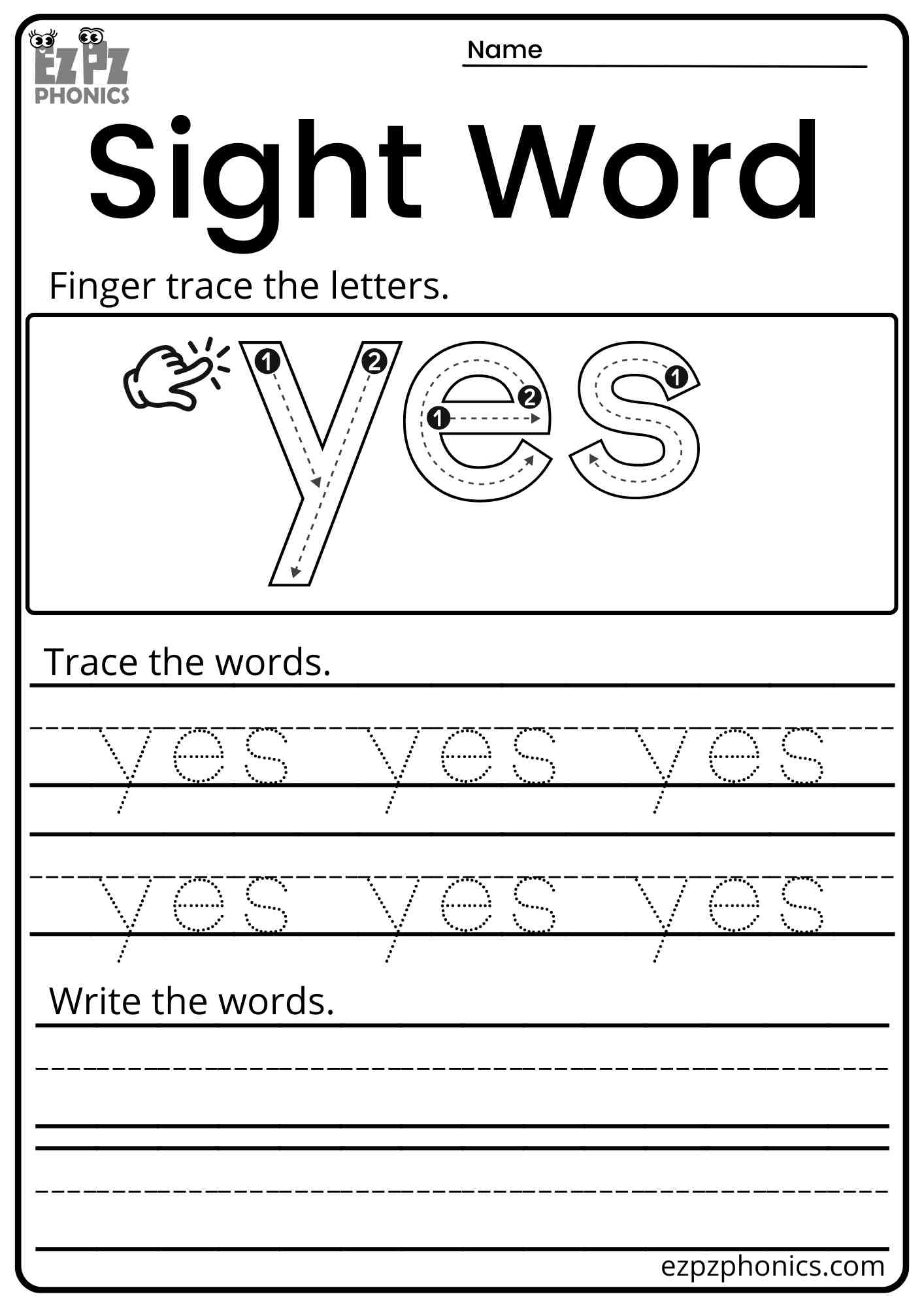"Yes" Dolch Kindergarten Sight Word Worksheet Trace and Write the Words ...