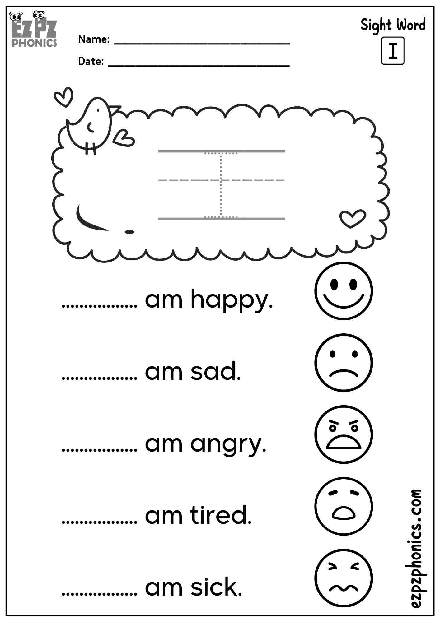 The Word “I” - Dolch Pre-Kindergarten Sight Words Sentences Worksheet ...