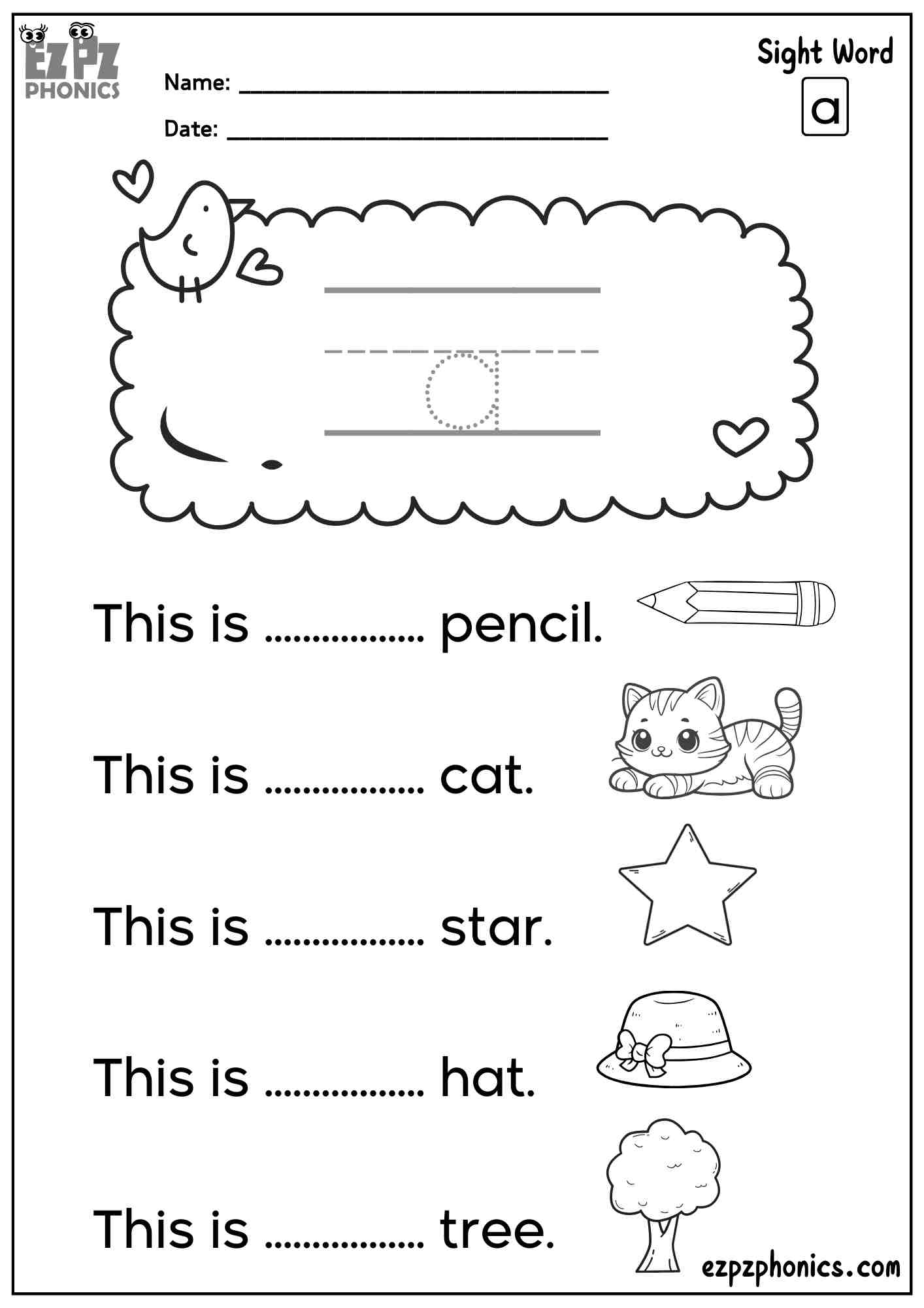 The Word “A” - Dolch Pre-Kindergarten Sight Words Sentences Worksheet ...