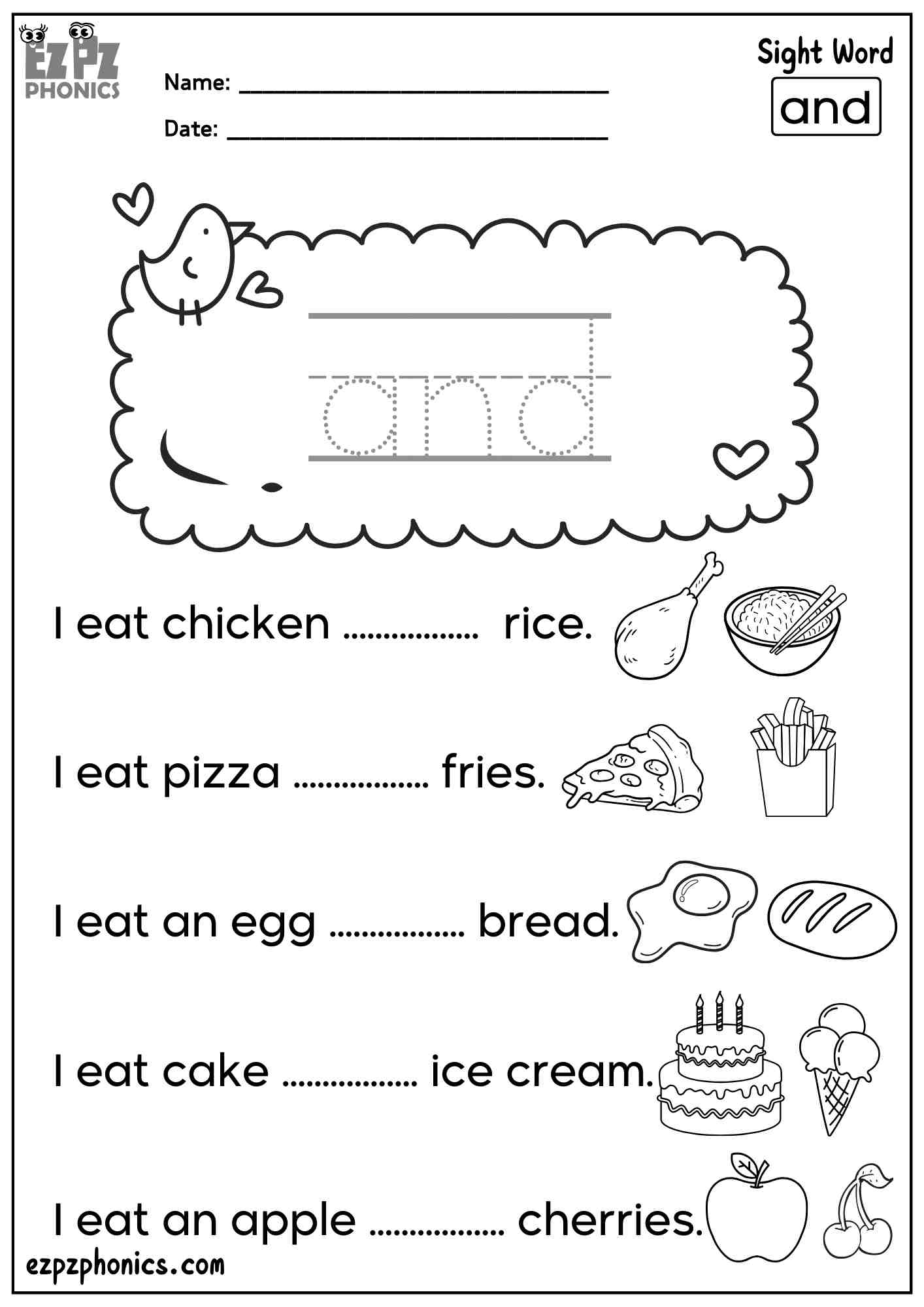 The Word “And” - Dolch Pre-Kindergarten Sight Words Sentences Worksheet ...