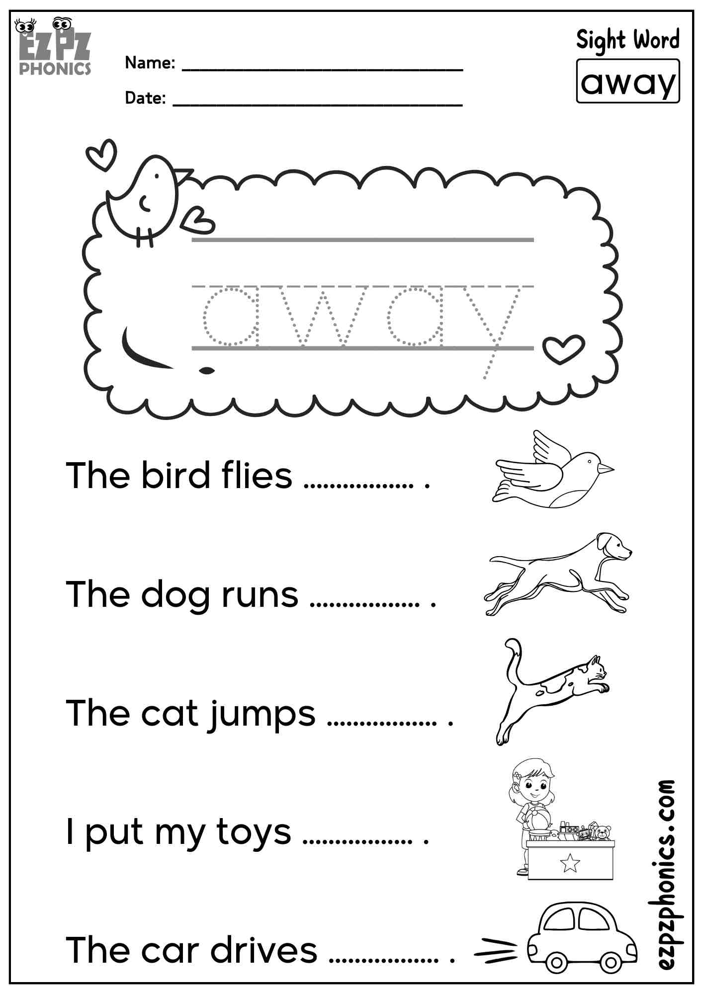 The Word “Away” - Dolch Pre-Kindergarten Sight Words Sentences ...