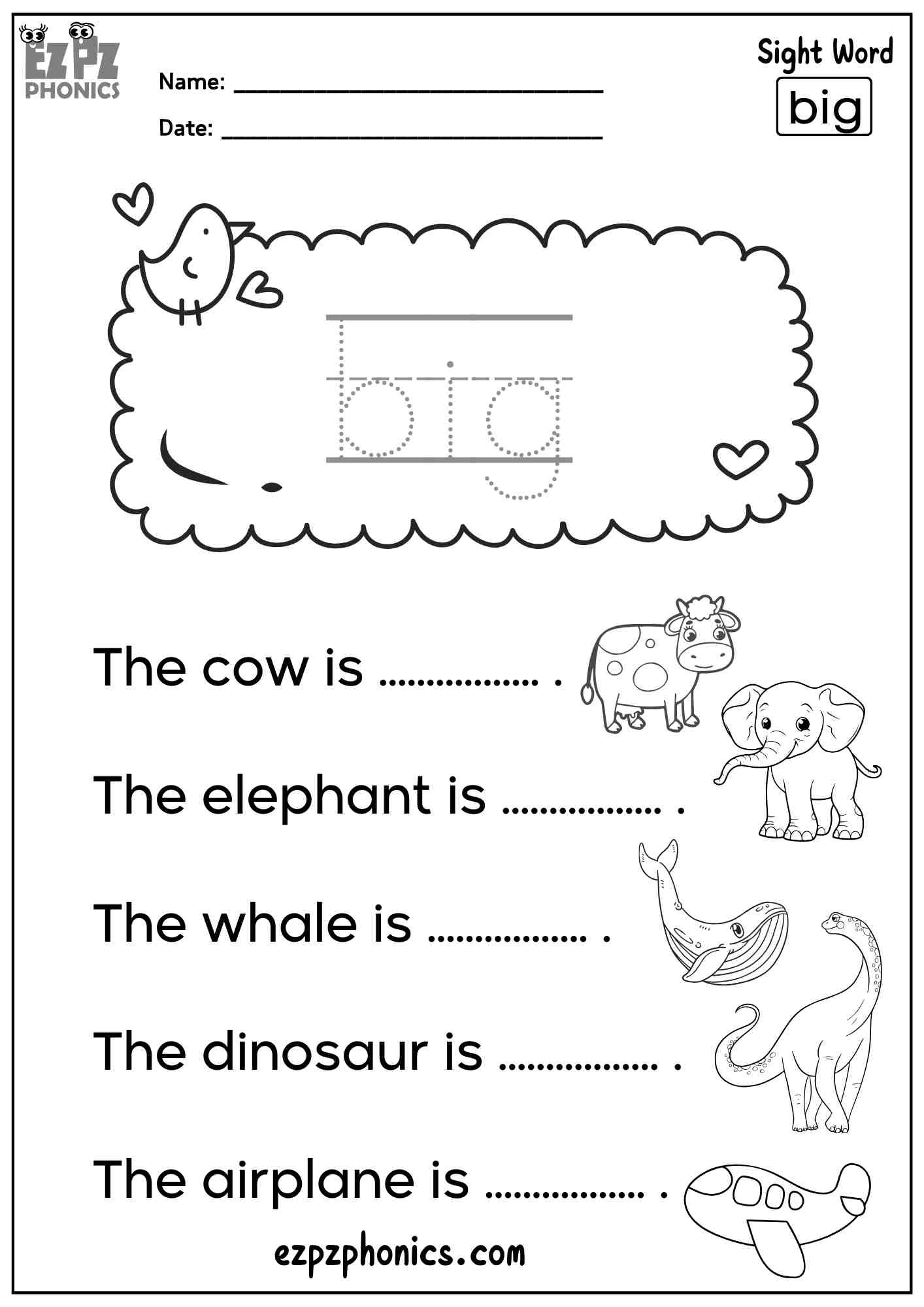 The Word “Big” - Dolch Pre-Kindergarten Sight Words Sentences Worksheet ...