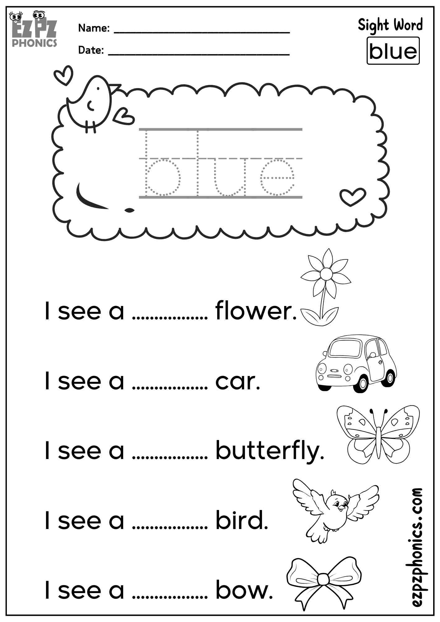 The Word “Blue” - Dolch Pre-Kindergarten Sight Words Sentences ...