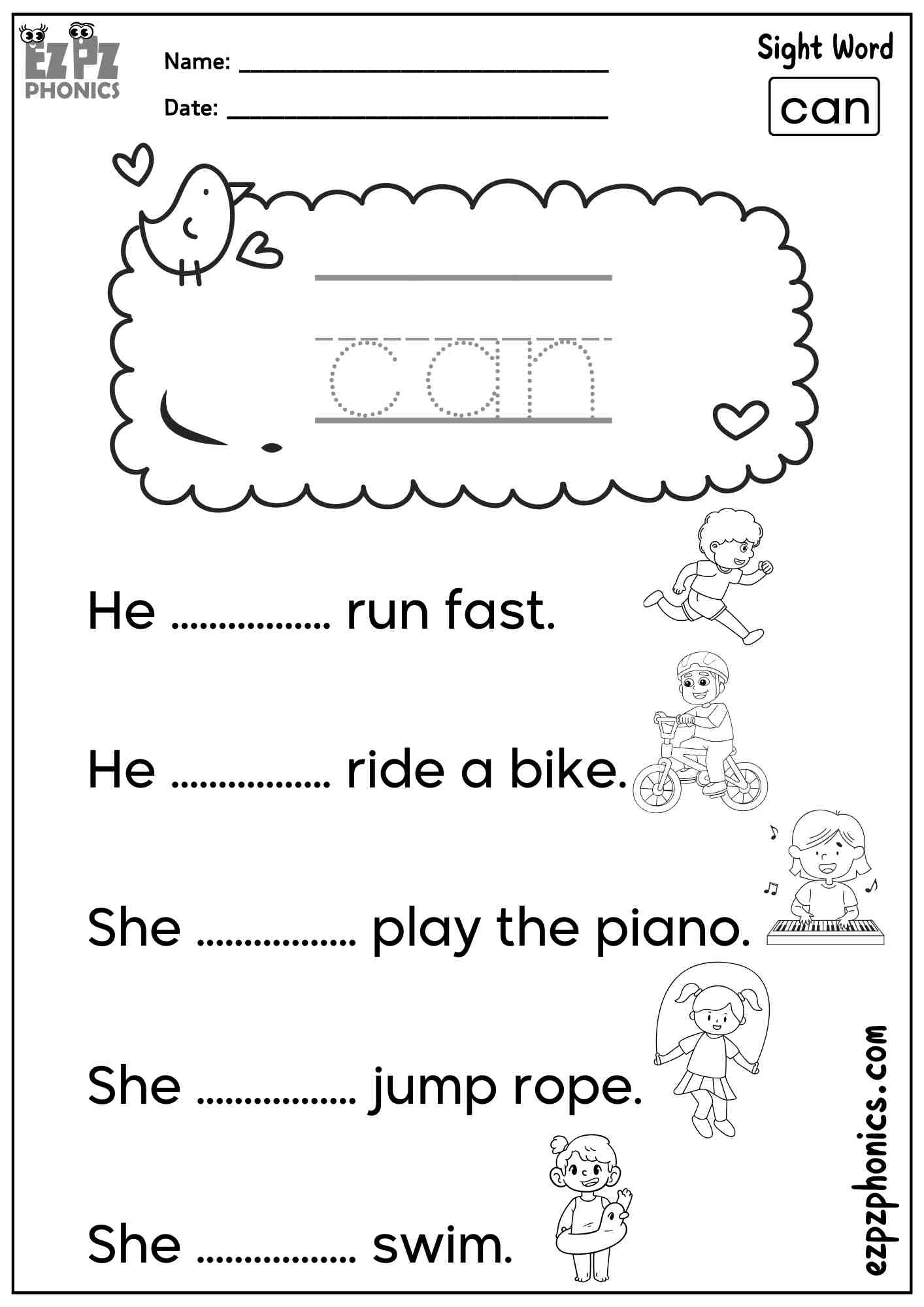 The Word “Can” - Dolch Pre-Kindergarten Sight Words Sentences Worksheet ...