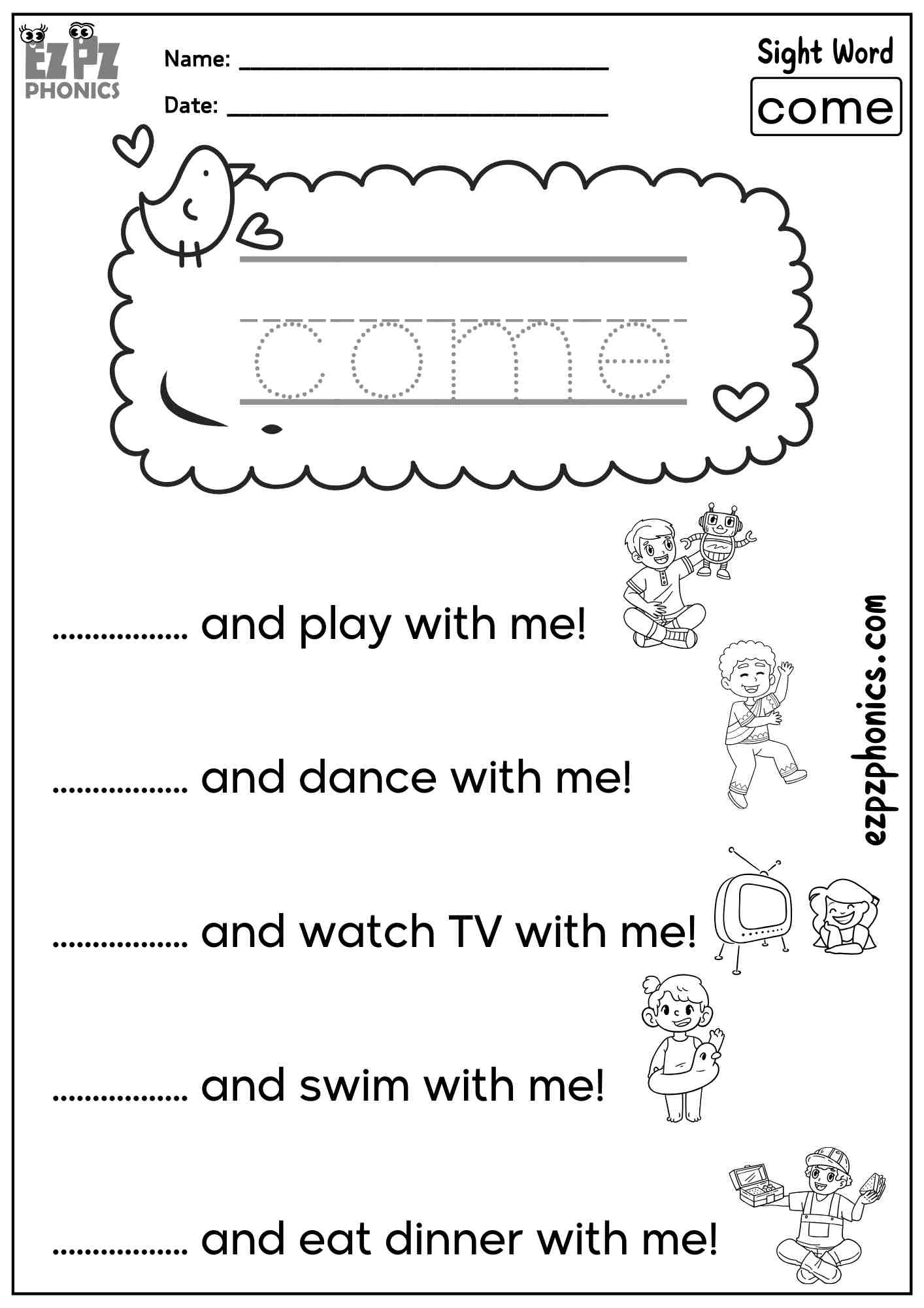 The Word “Come” - Dolch Pre-Kindergarten Sight Words Sentences ...