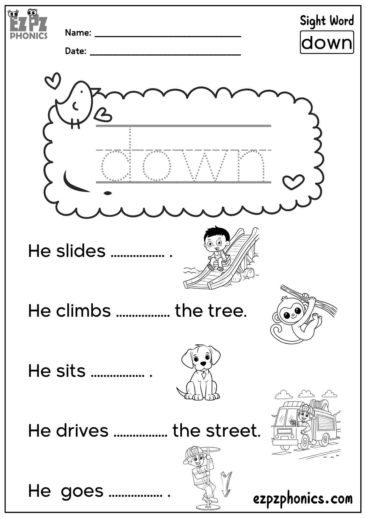 The Word “Down” - Dolch Pre-Kindergarten Sight Words Sentences ...
