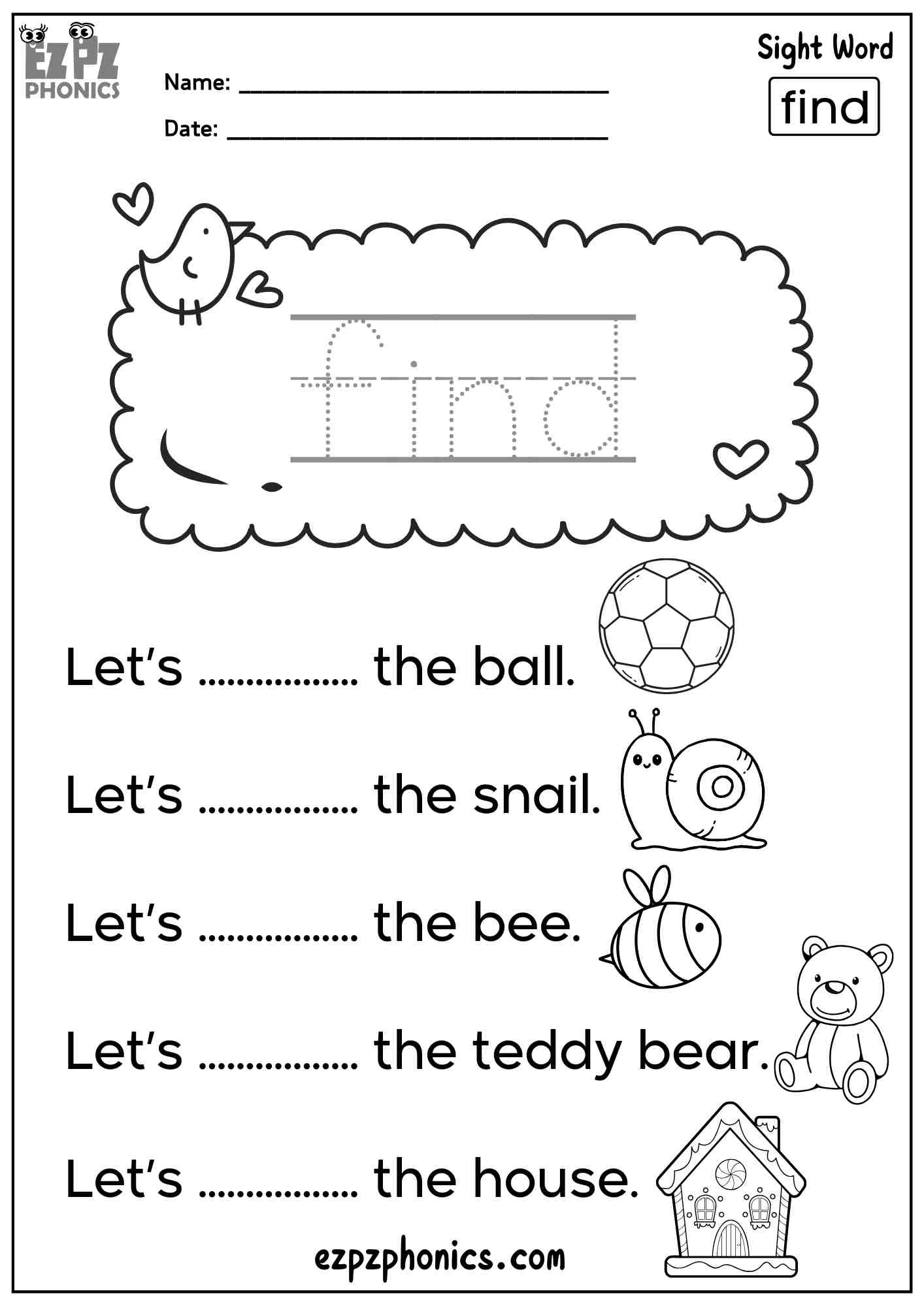The Word “Find” - Dolch Pre-Kindergarten Sight Words Sentences ...