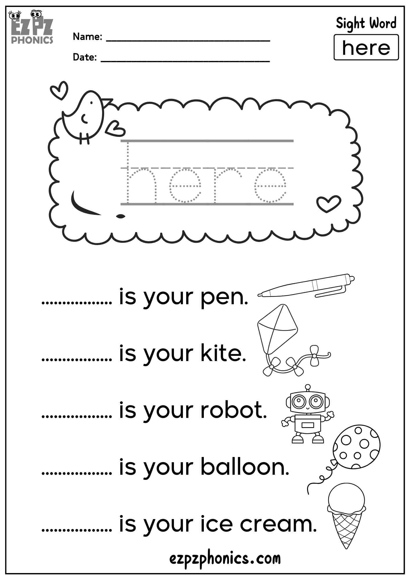The Word “Here” - Dolch Pre-Kindergarten Sight Words Sentences ...