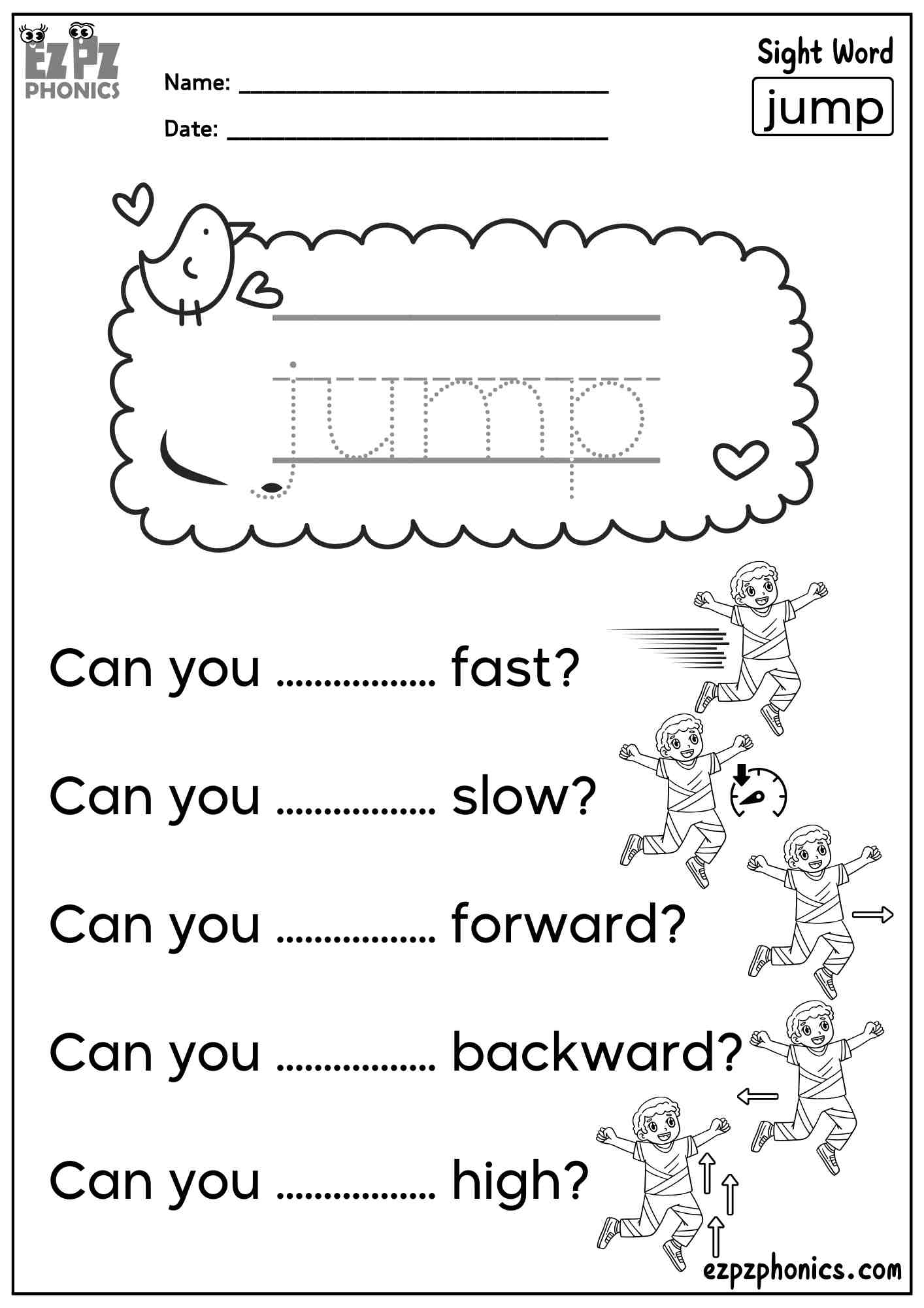 The Word “Jump” - Dolch Pre-Kindergarten Sight Words Sentences ...