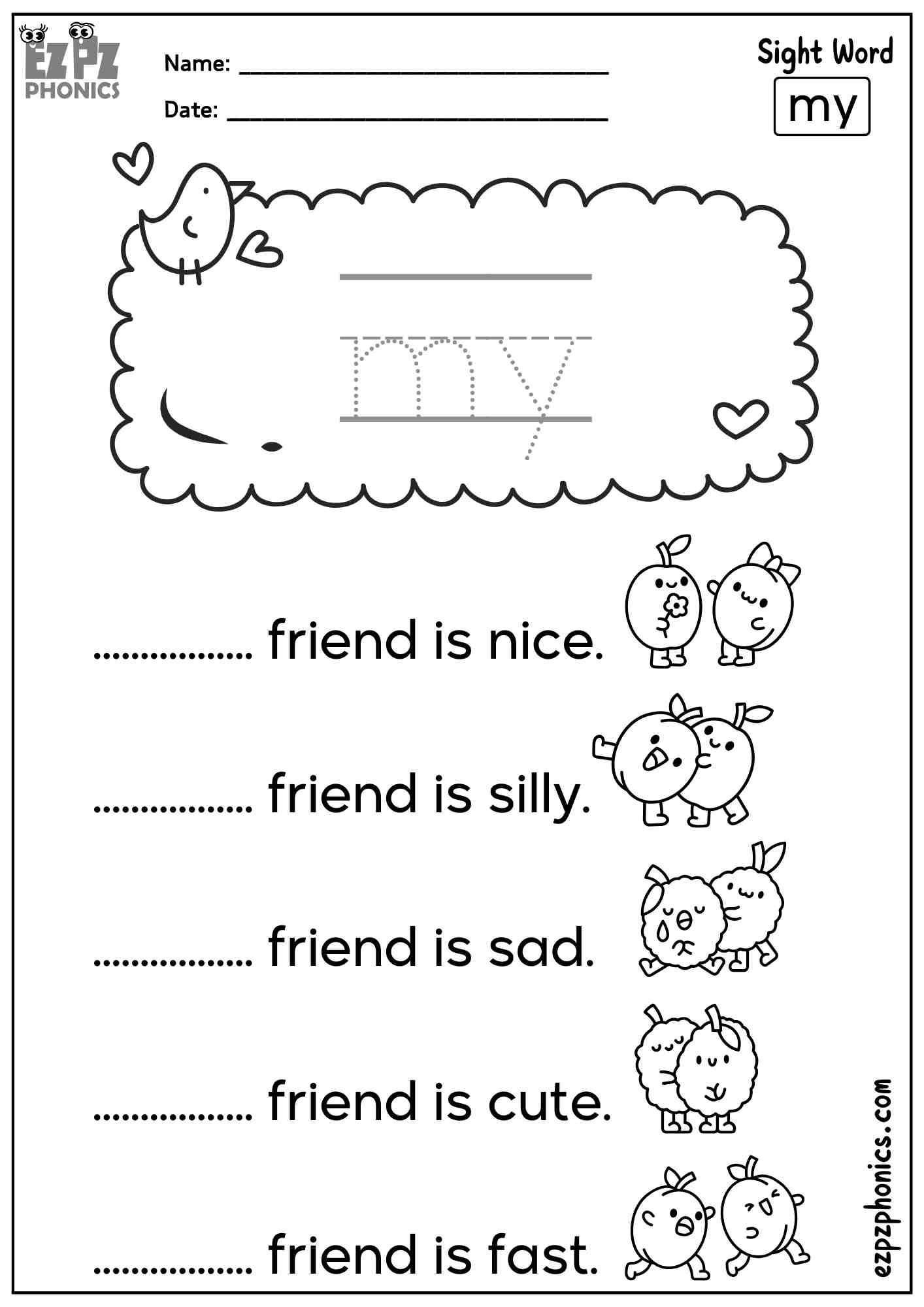 The Word “My” - Dolch Pre-Kindergarten Sight Words Sentences Worksheet ...