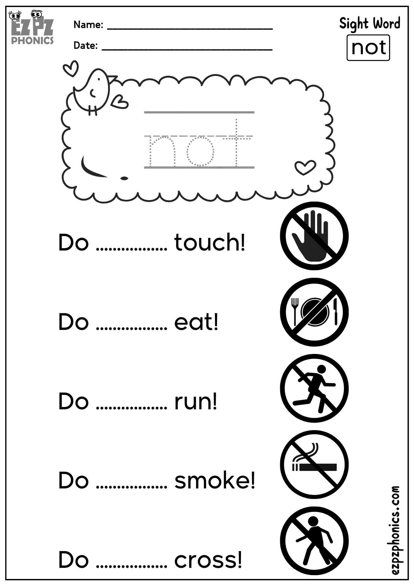 The Word “Not” - Dolch Pre-Kindergarten Sight Words Sentences Worksheet ...