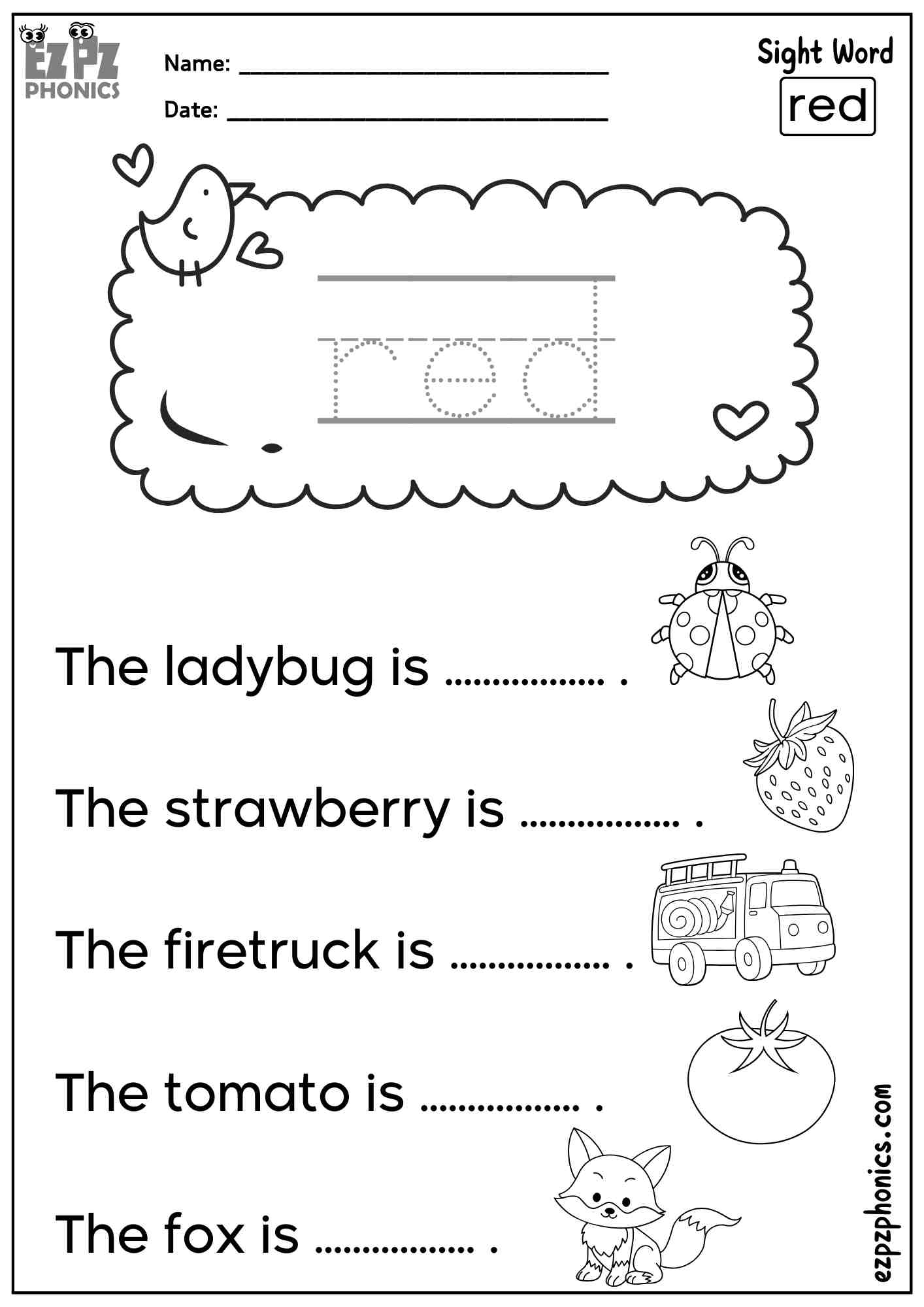 The Word “Red” - Dolch Pre-Kindergarten Sight Words Sentences Worksheet ...