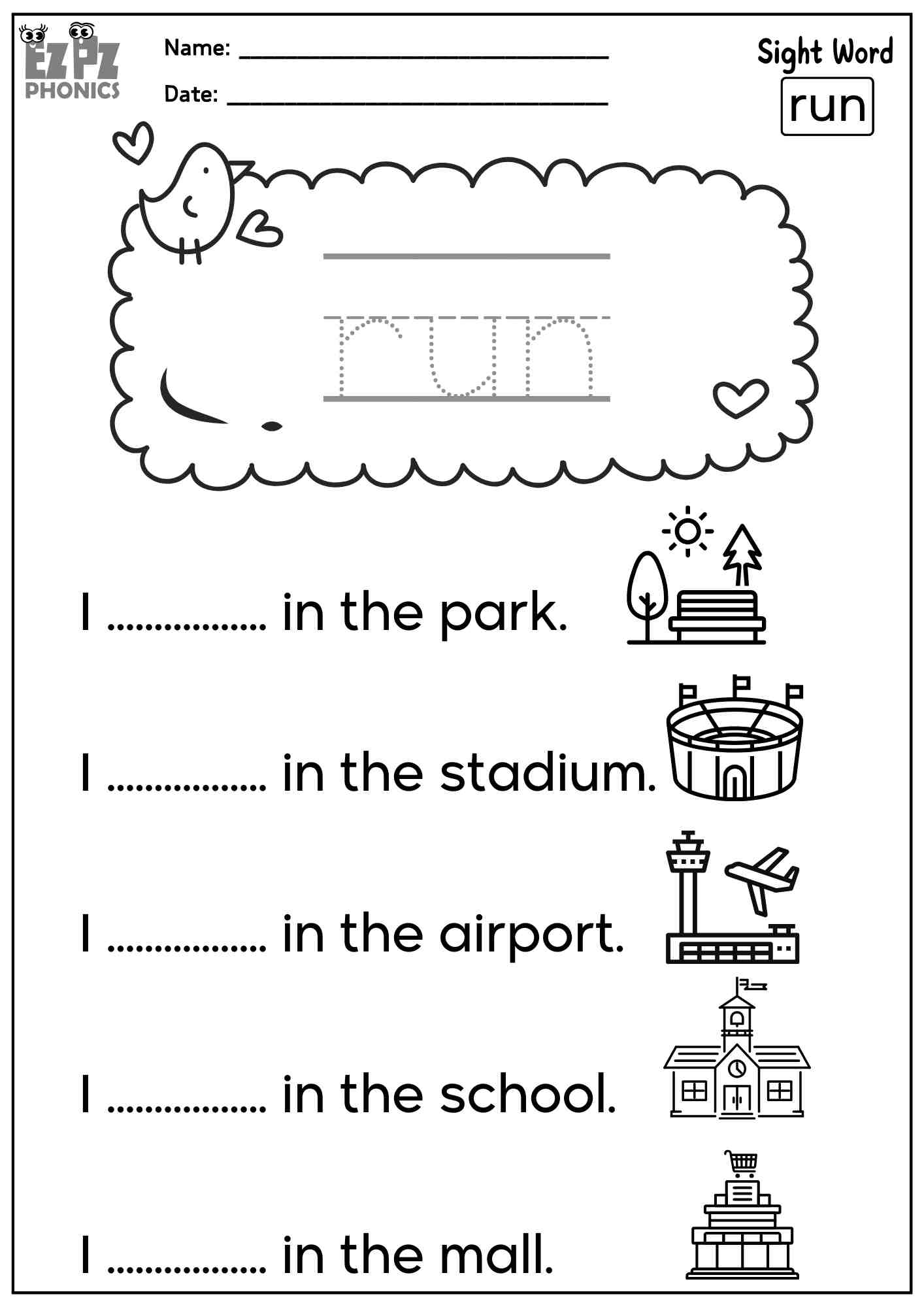 The Word “Run” - Dolch Pre-Kindergarten Sight Words Sentences Worksheet ...