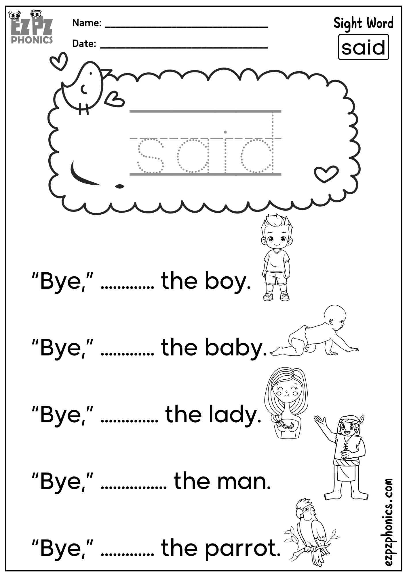 The Word “Said” - Dolch Pre-Kindergarten Sight Words Sentences ...