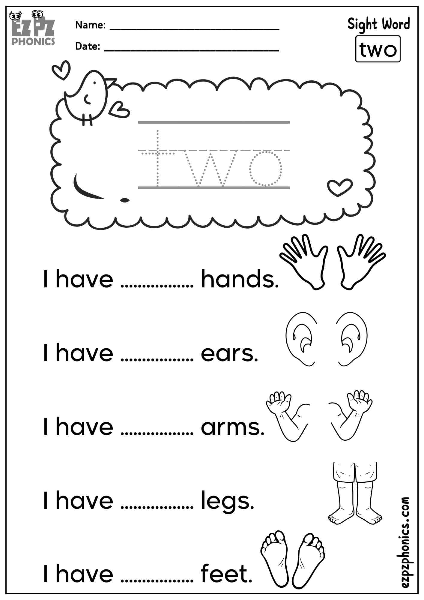 The Word “Two” Dolch Pre-Kindergarten Sight Words Sentences Worksheet ...