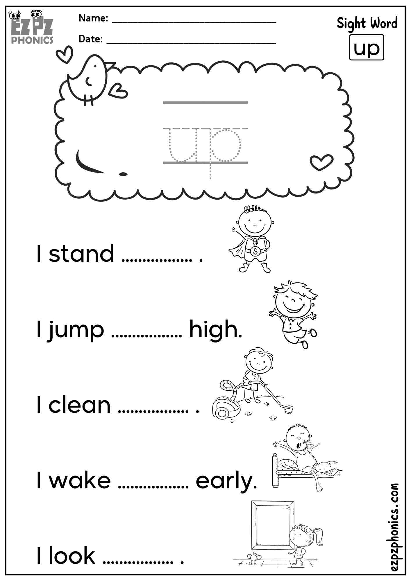 The Word “Up” Dolch Pre-Kindergarten Sight Words Sentences Worksheet ...