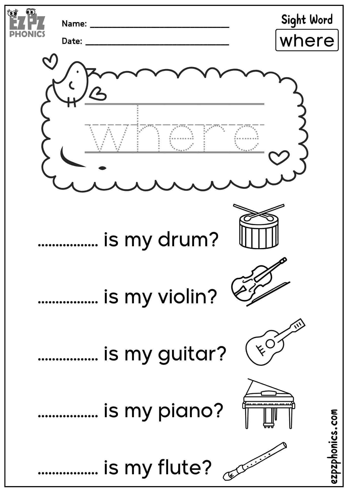 The Word “Where” Dolch Pre-Kindergarten Sight Words Sentences Worksheet ...
