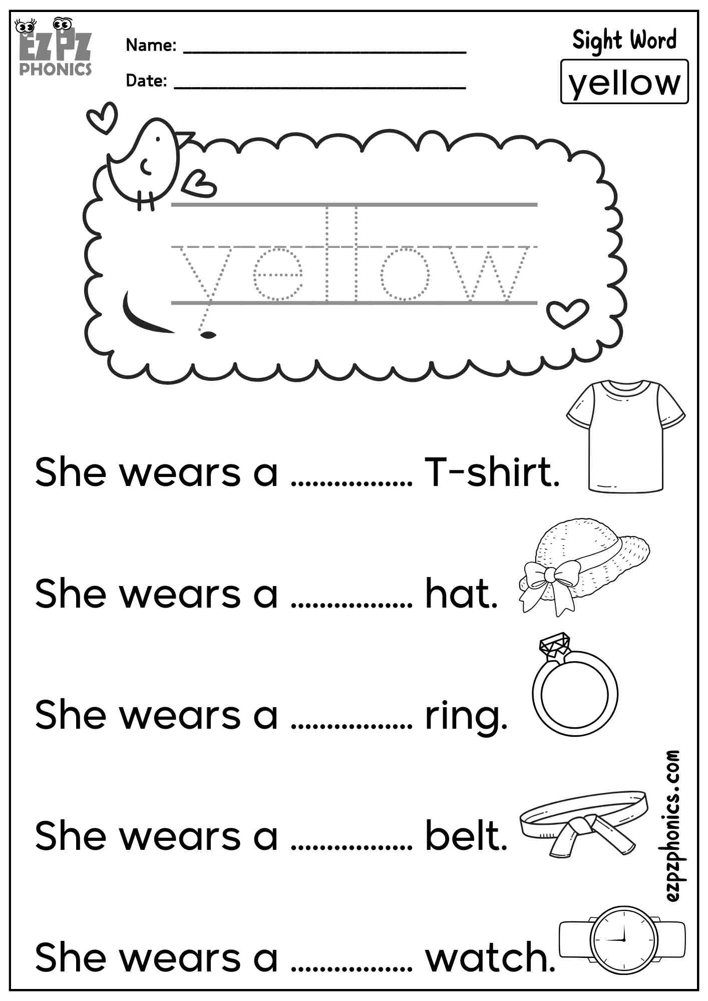 The Word “Yellow” Dolch Pre-Kindergarten Sight Words Sentences ...