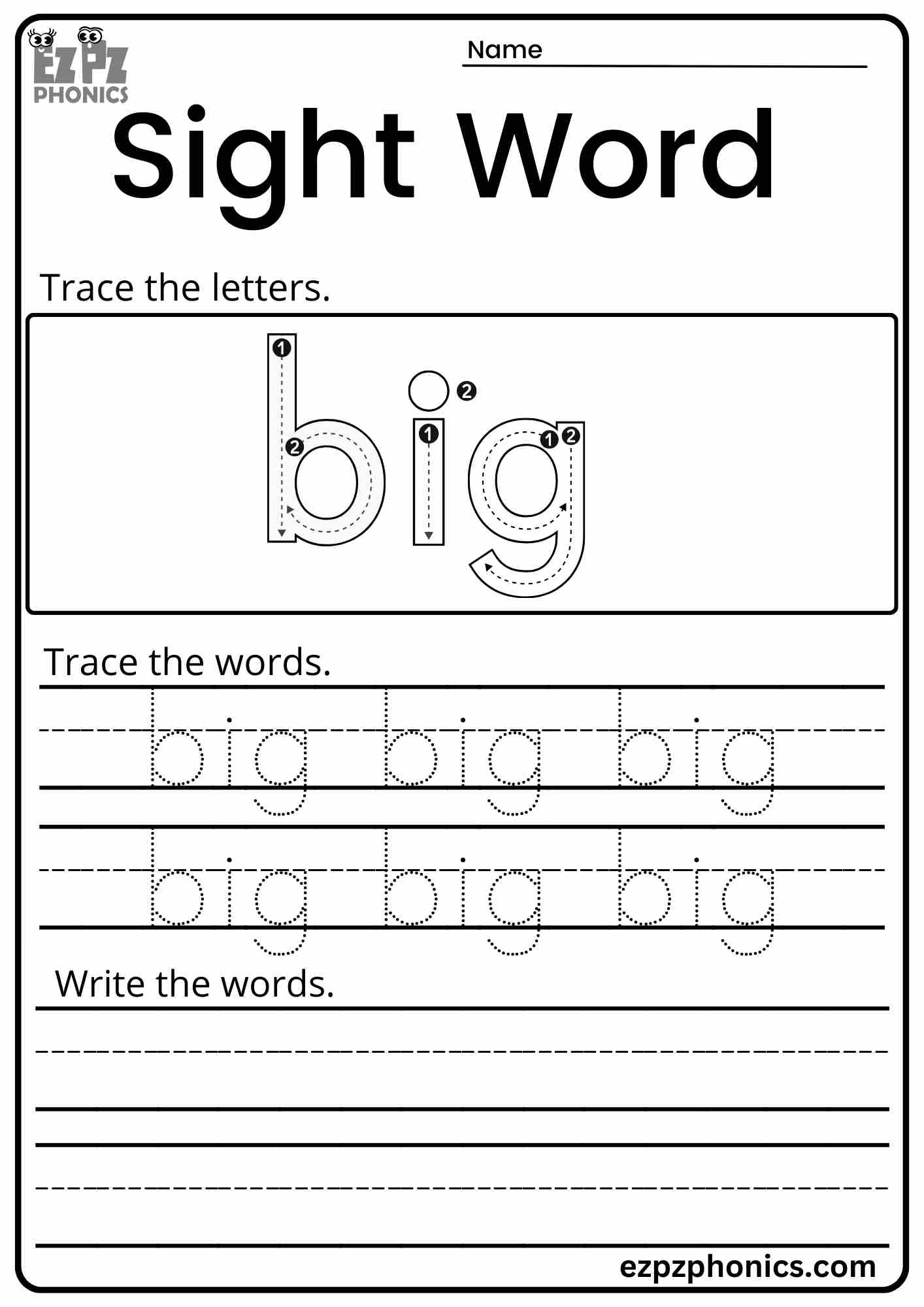 Dolch Sight Word "Big" Activity for Early Learners Free PDF Download ...