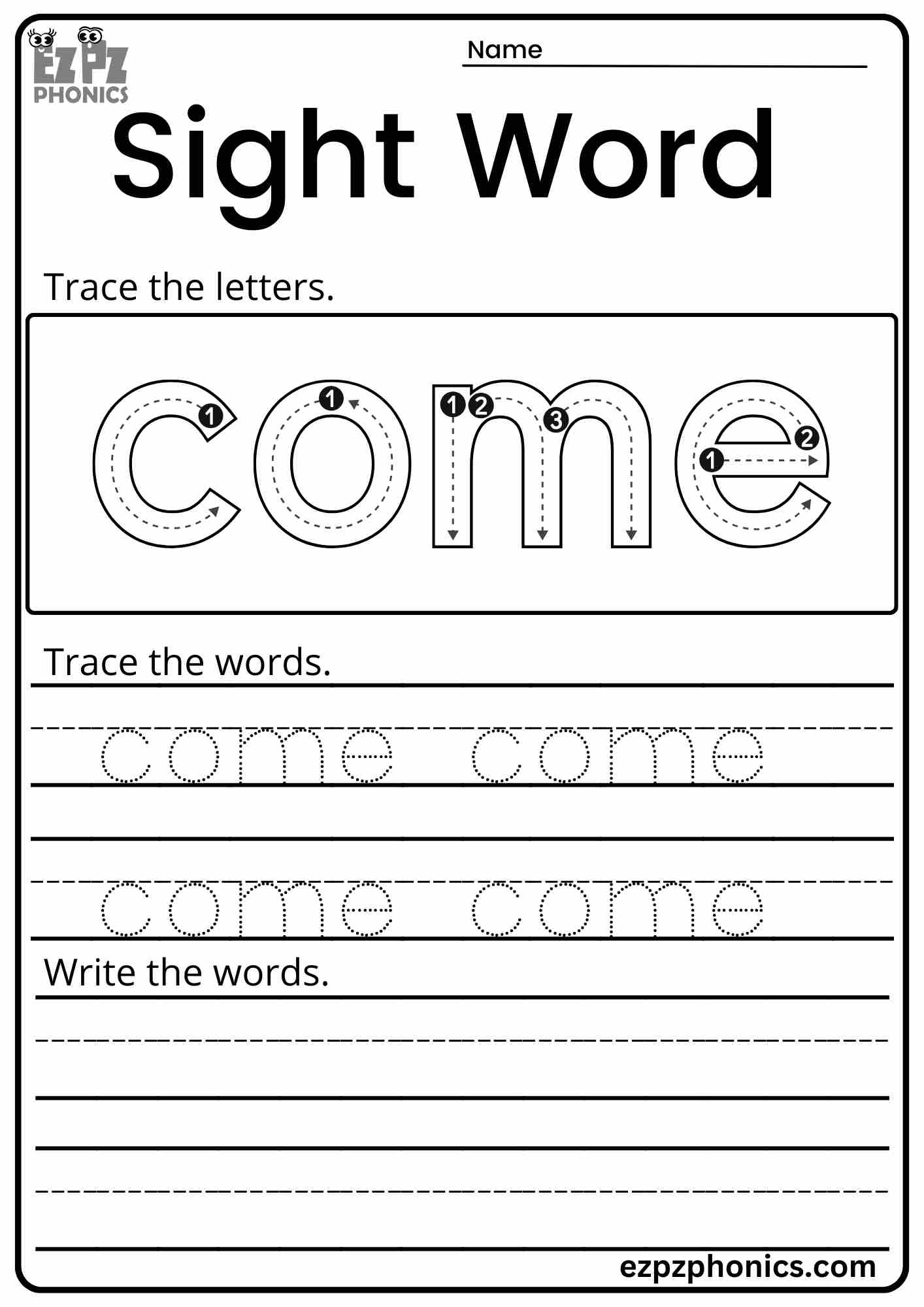 Dolch Sight Word "Come" Activity for Early Learners PDF Download ...