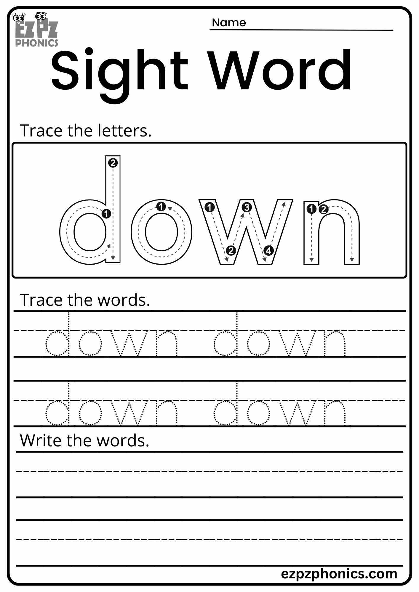 Dolch Sight Word "down" Activity for Early Learners PDF Download ...