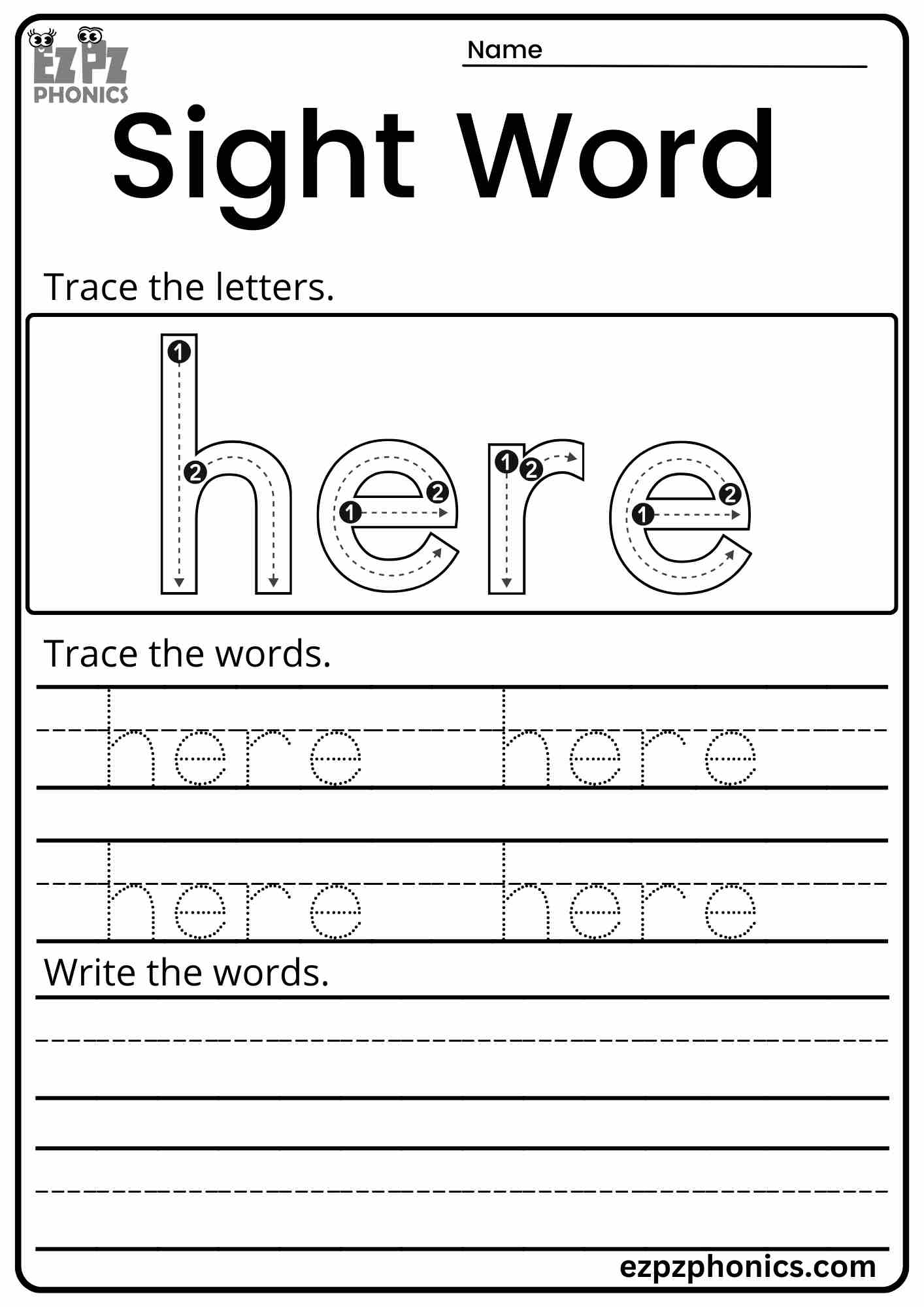 Dolch Sight Word "Here" Activity for Early Learners PDF Download Set 2 ...