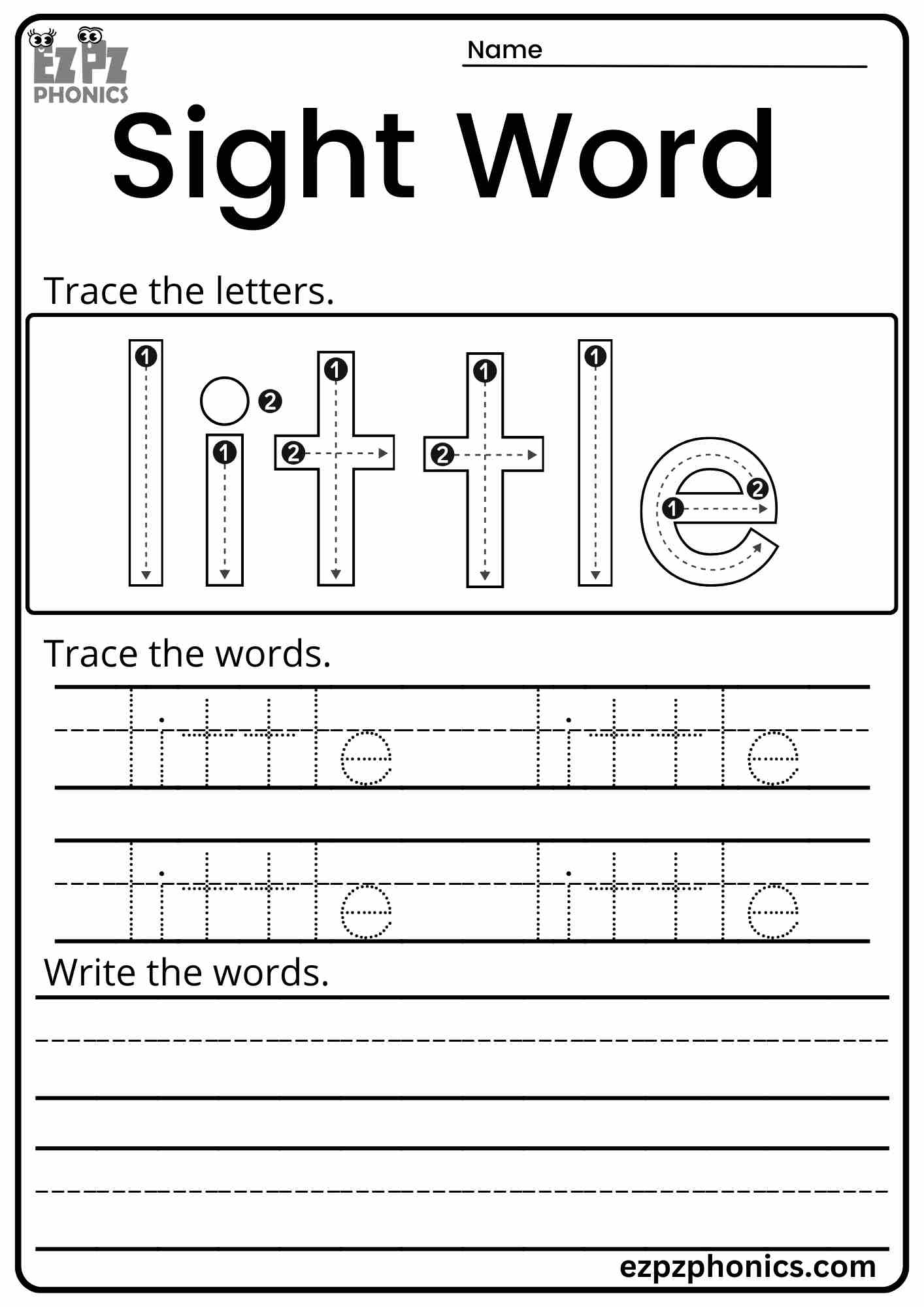 Dolch Sight Word "Little" Activity for Early Learners PDF Download Set ...