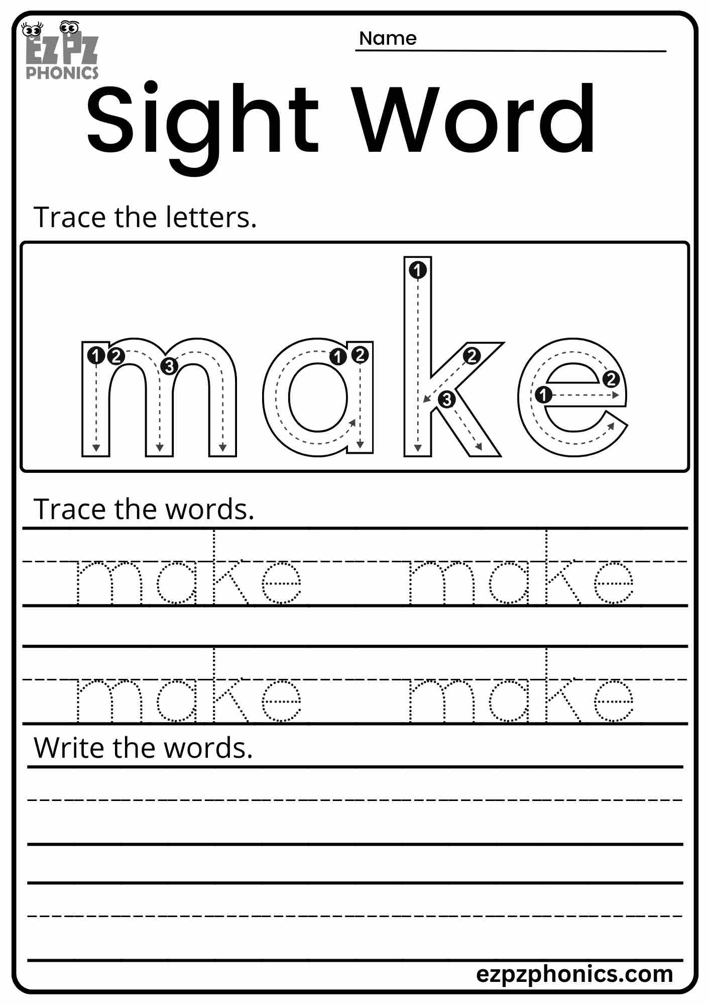 Dolch Sight Word "Make" Activity for Early Learners PDF Download Set 2 ...
