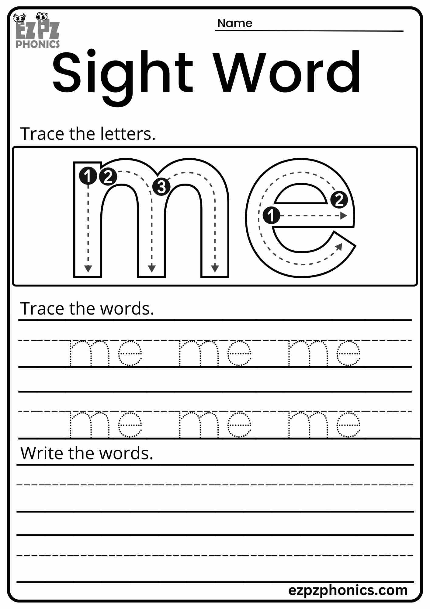 Dolch Sight Word "Me" Activity for Early Learners PDF Download Set 2 ...