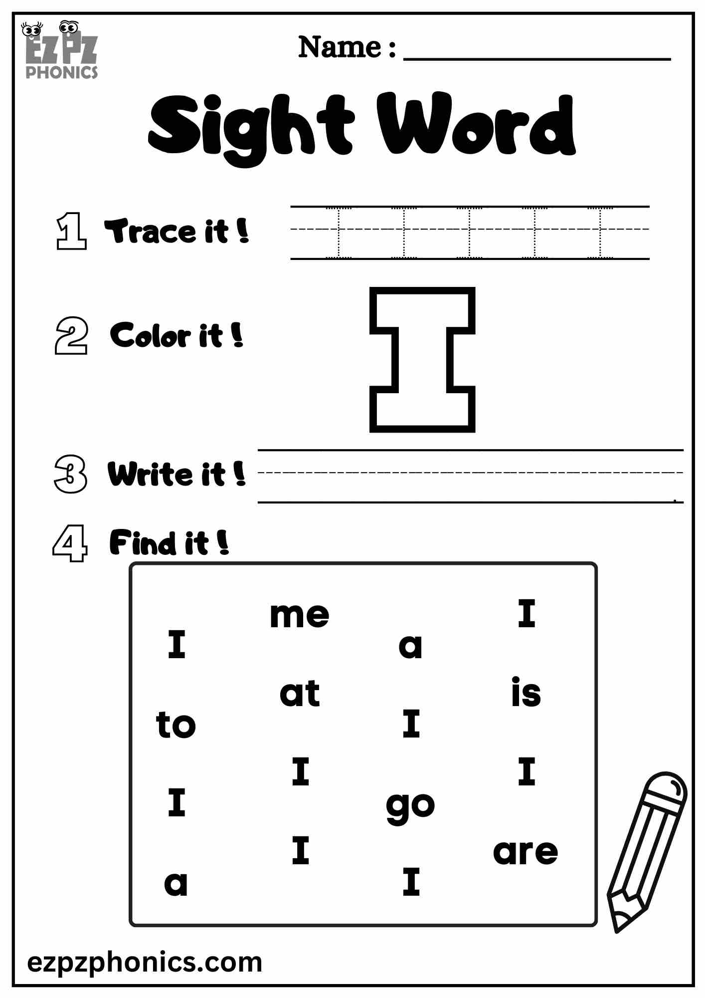 The "I" Sight Word Worksheet for Pre-Kindergarten Students Dolch Sight ...