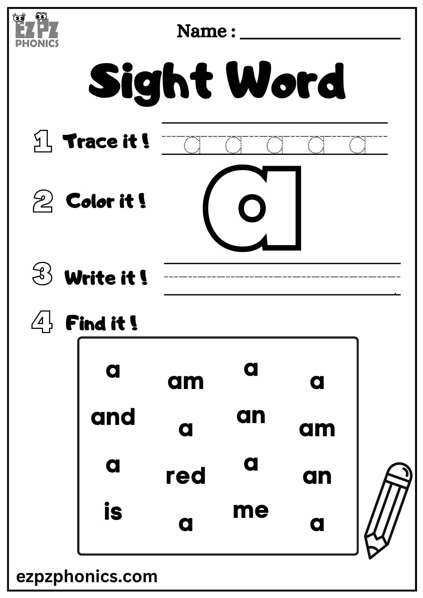 The "A" Sight Word Worksheet for Pre-Kindergarten Students Dolch Sight ...