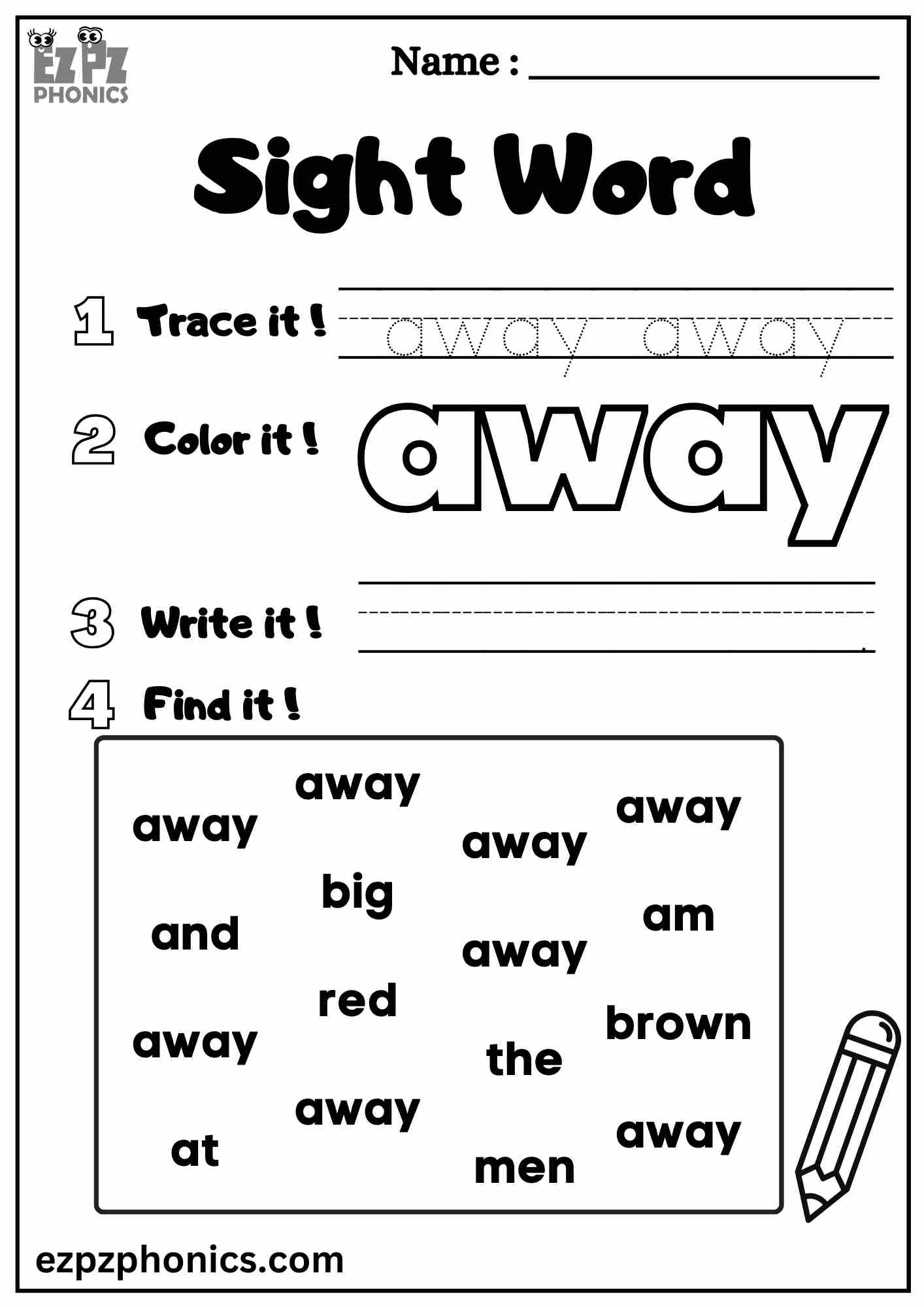 The "Away" Sight Word Worksheet for Pre-Kindergarten Students Dolch ...