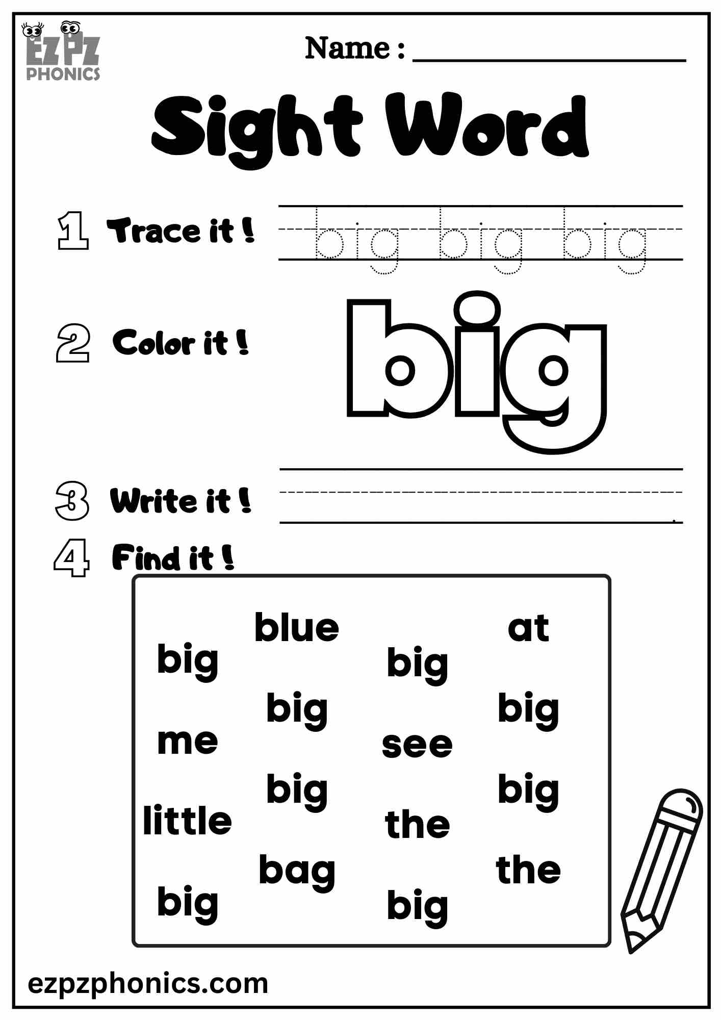 The Big Sight Word Worksheet for Pre-Kindergarten Students Dolch Sight ...