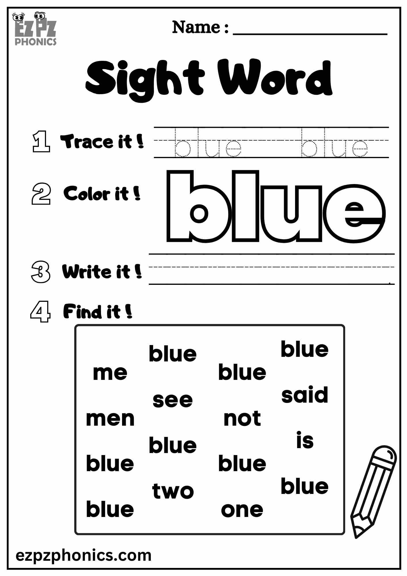 The blue Sight Word Worksheet for Pre-Kindergarten Students Dolch Sight ...