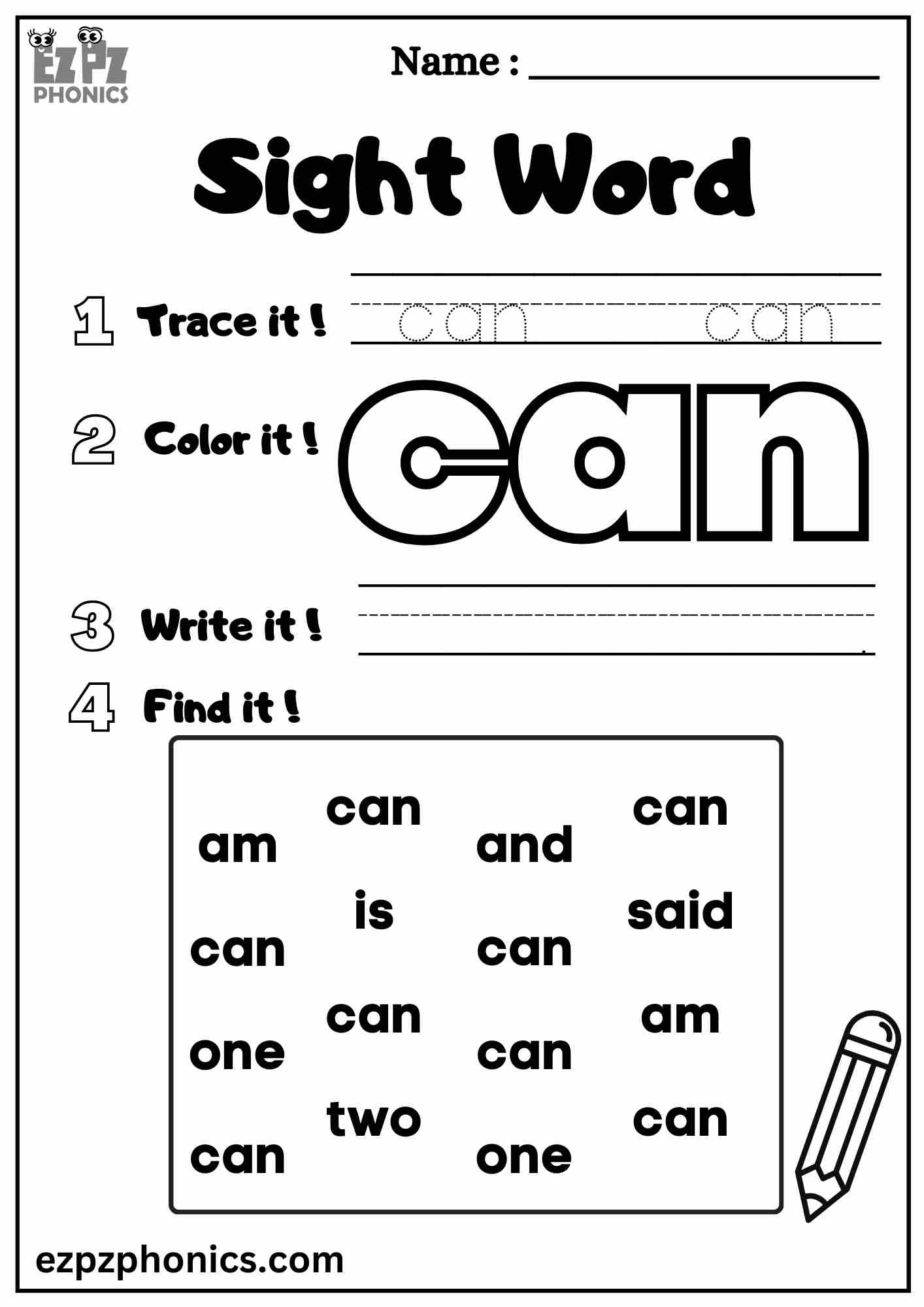 The Can Sight Word Worksheet for Pre-Kindergarten Students Dolch Sight ...