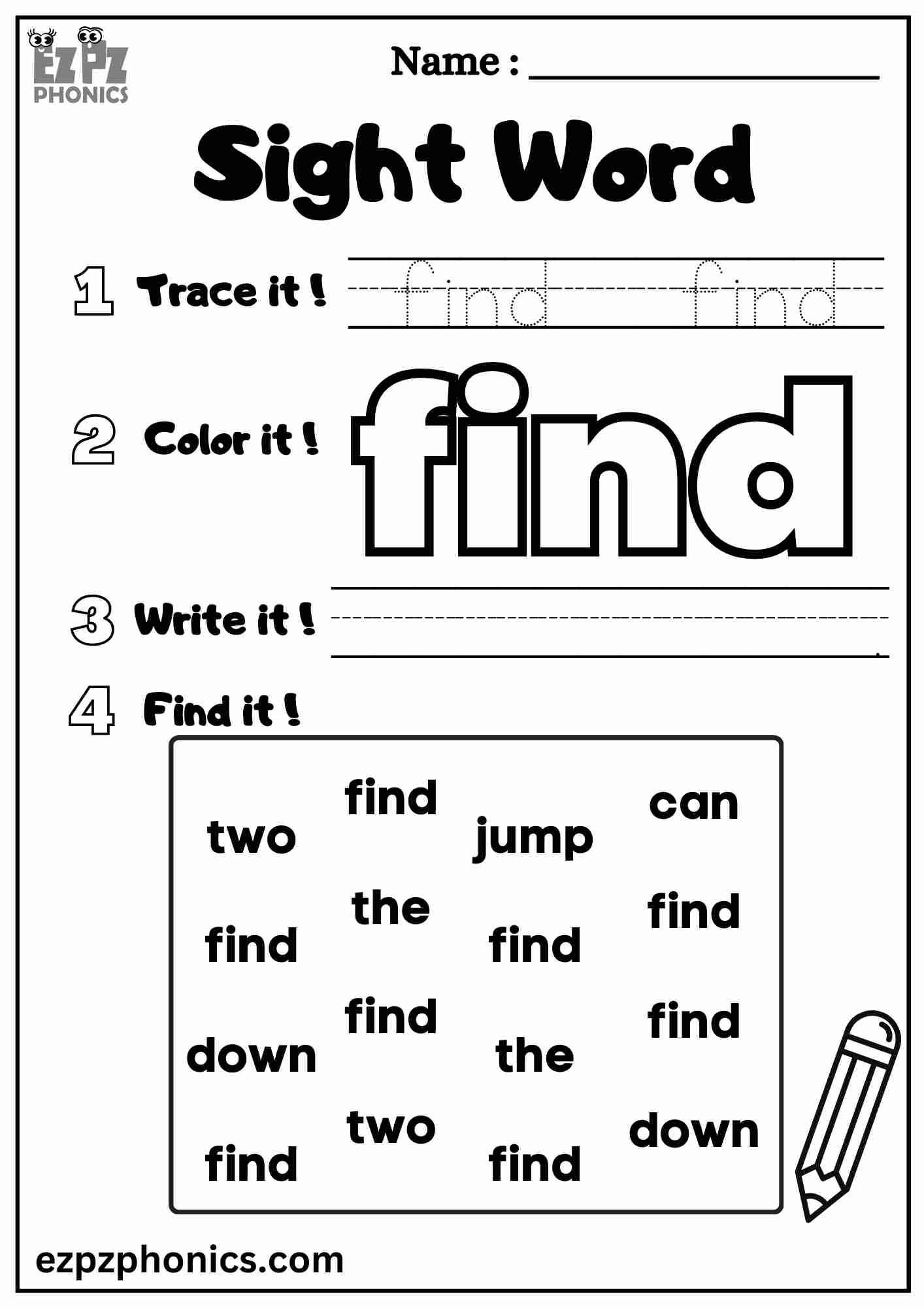 The Find Sight Word Worksheet for Pre-Kindergarten Students Dolch Sight ...