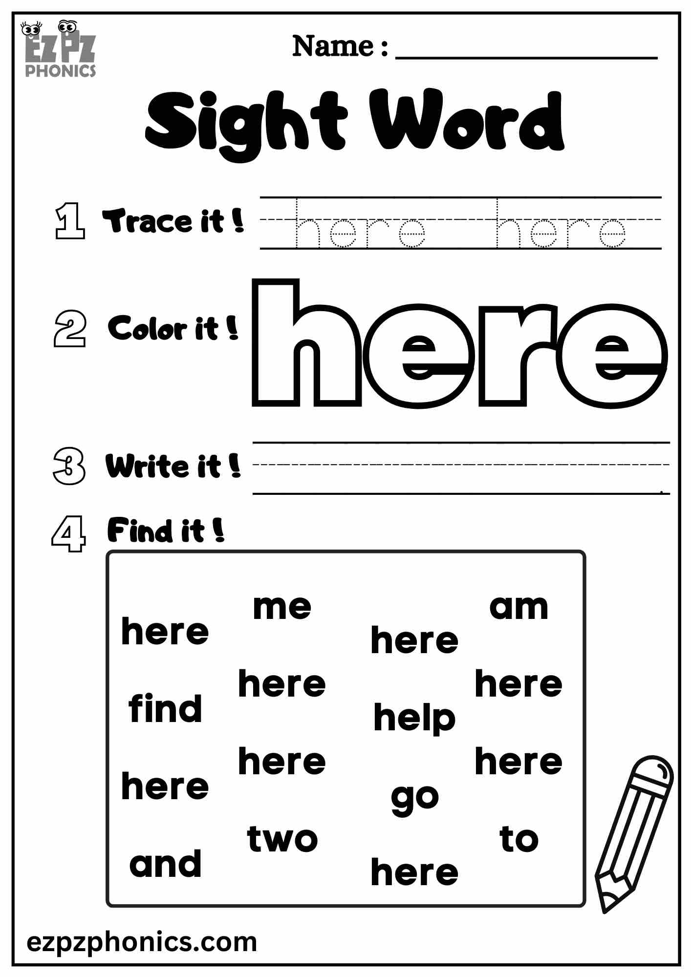 The "Here" Sight Word Worksheet for Pre-Kindergarten Students Dolch ...