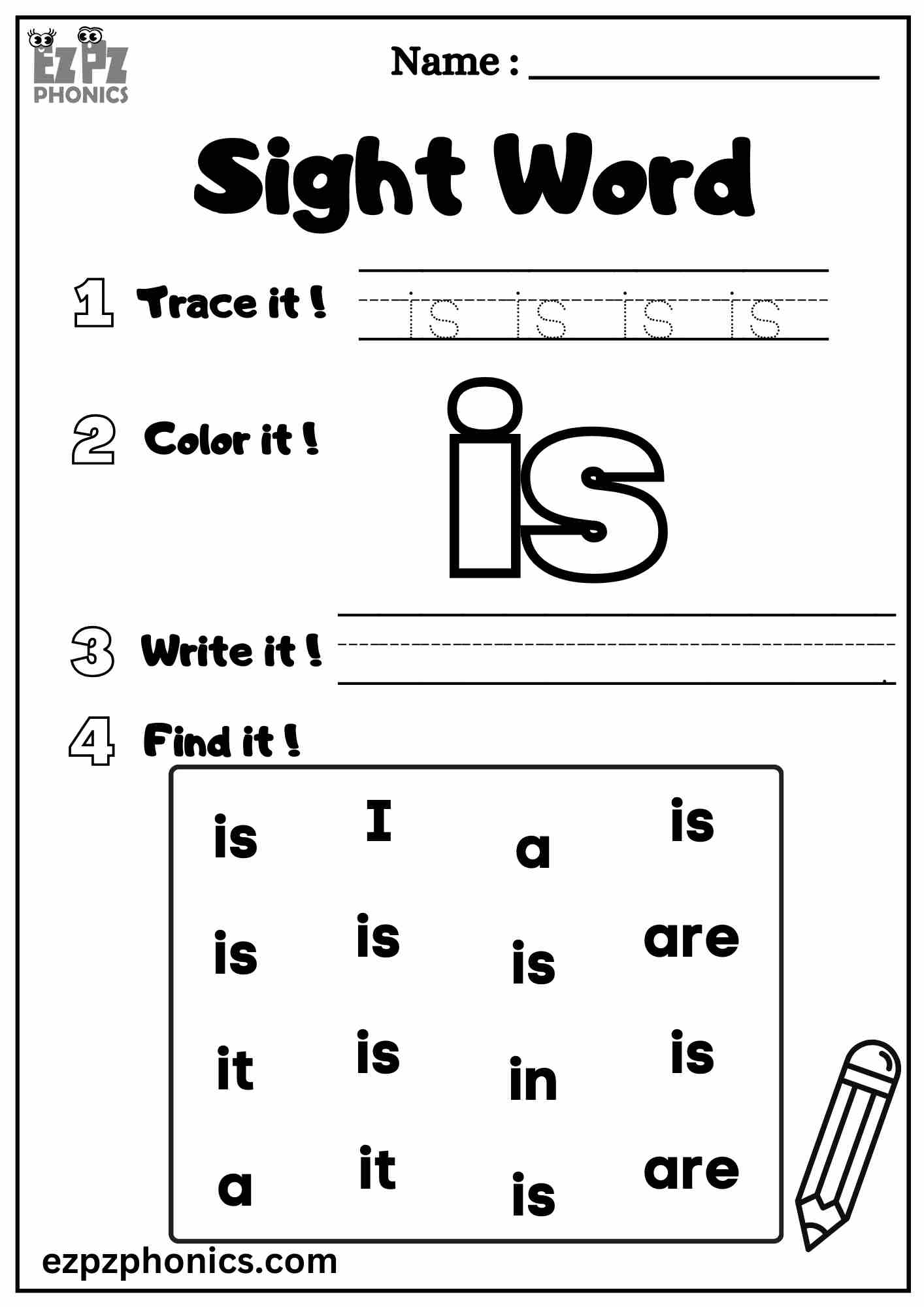 The "Is" Sight Word Worksheet for Pre-Kindergarten Students Dolch Sight ...