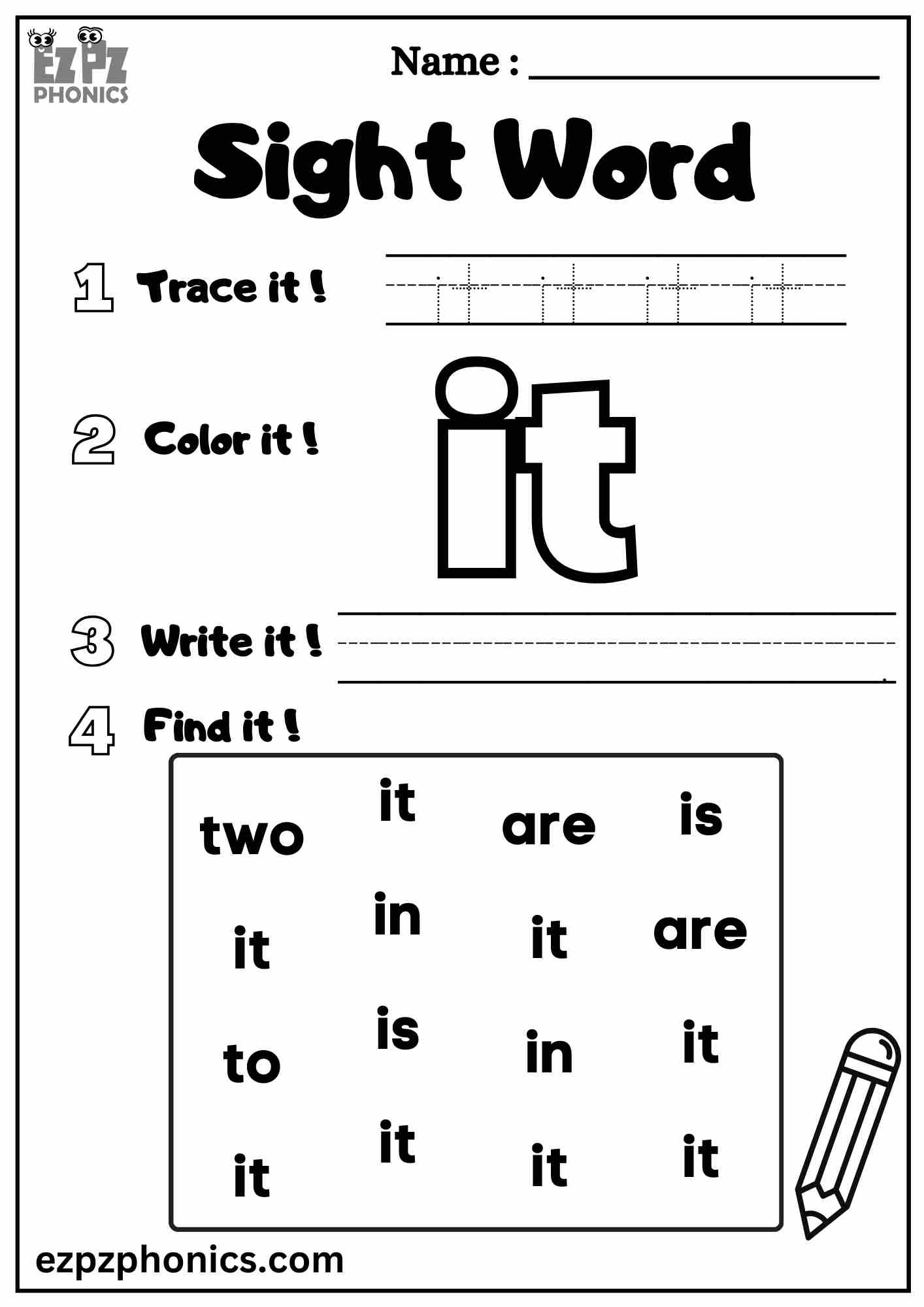 The "It" Sight Word Worksheet for Pre-Kindergarten Students Dolch Sight ...