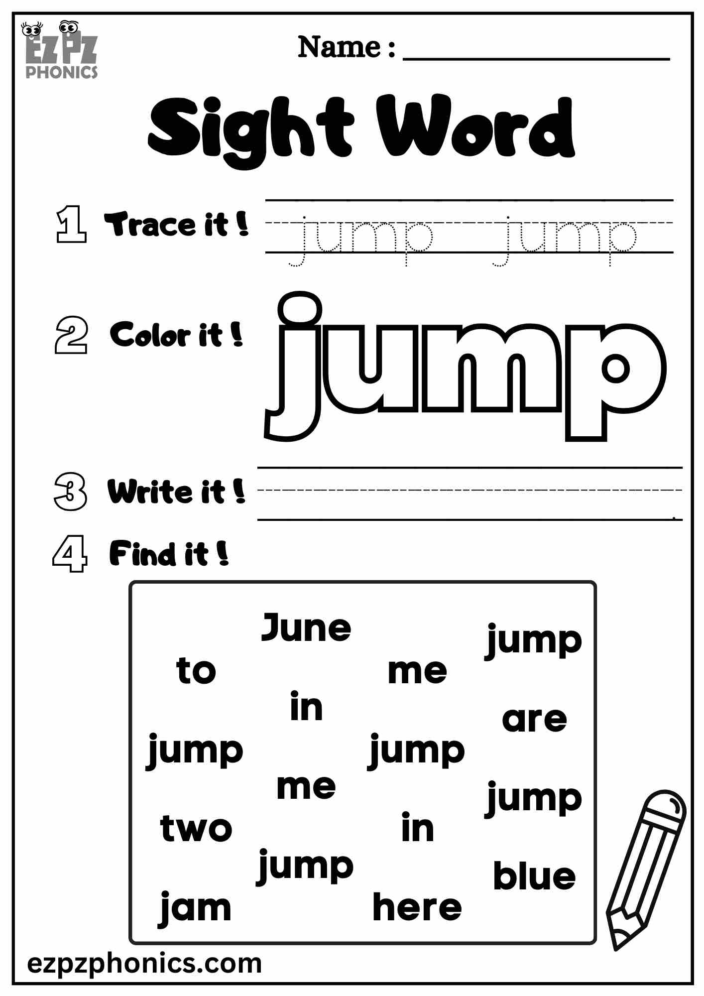 The "Jump" Sight Word Worksheet for Pre-Kindergarten Students Dolch ...