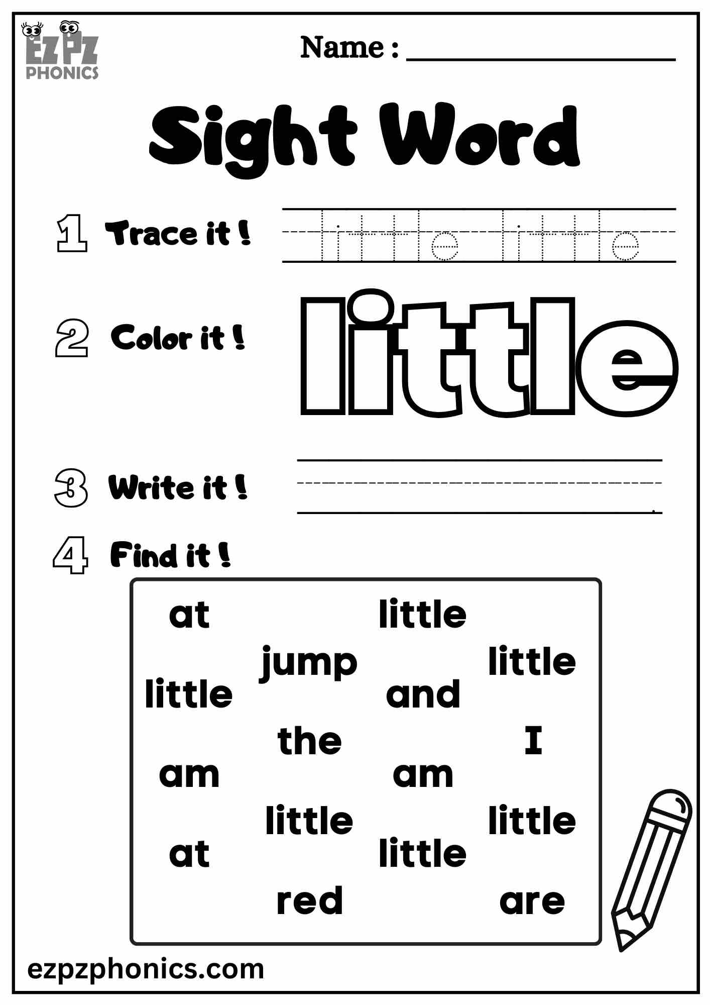 The "Little" Sight Word Worksheet for Pre-Kindergarten Students Dolch ...
