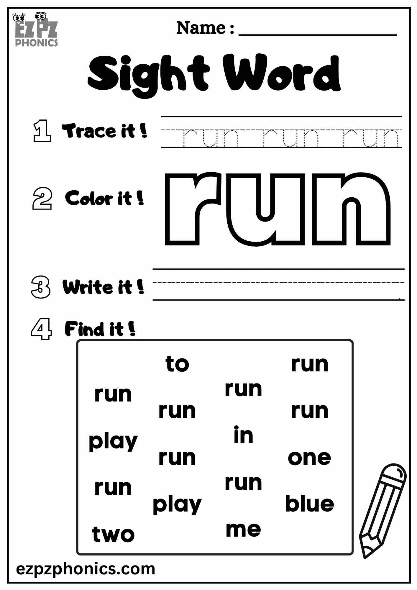 The "Run" Sight Word Worksheet for Pre-Kindergarten Dolch Sight Words ...