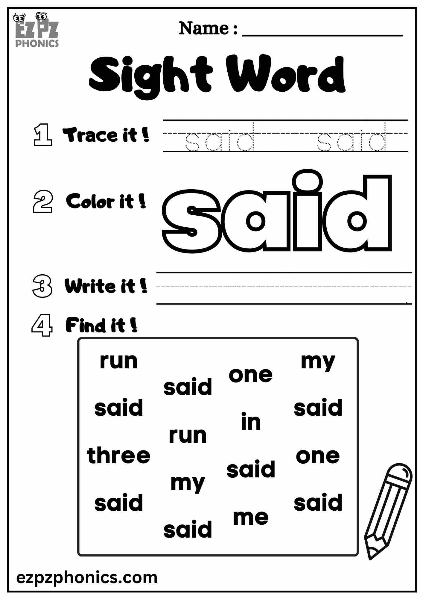 The "Said" Sight Word Worksheet for Pre-Kindergarten Dolch Sight Words ...
